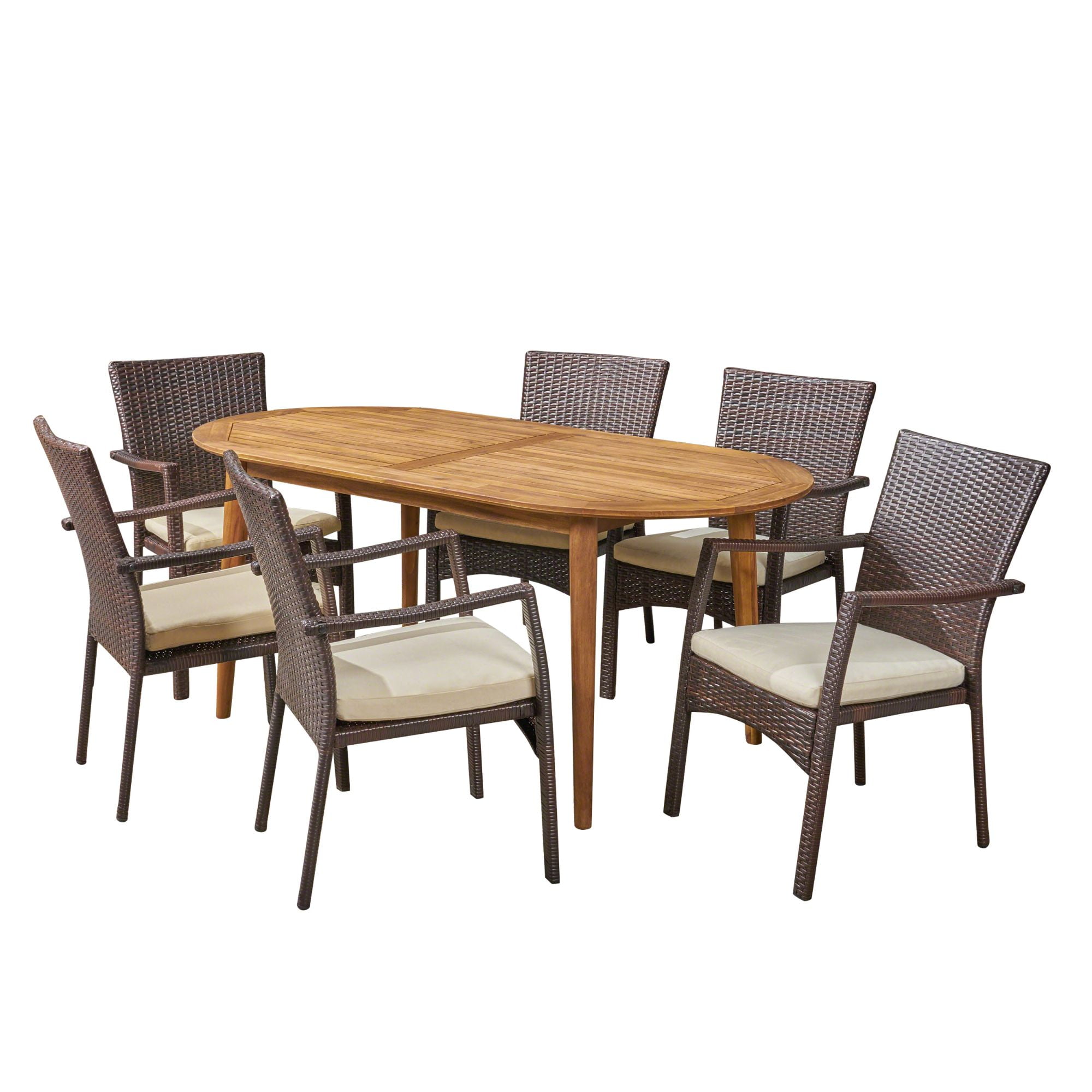Noble House Stamford 7 Piece Wooden Oval Patio Dining Set in Teak and ...