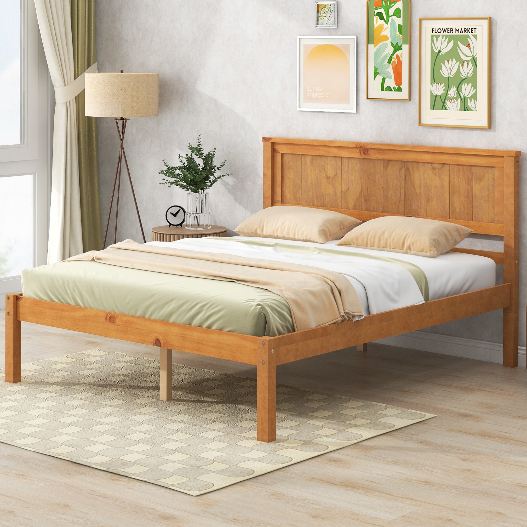 Noble House Sylvia Full Platform Bed Frame with Headboard, Wood Slat ...