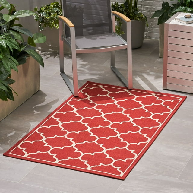 Noble House Thornhill 3' 3" x 5' Outdoor Trefoil Area Rug in Red and ...