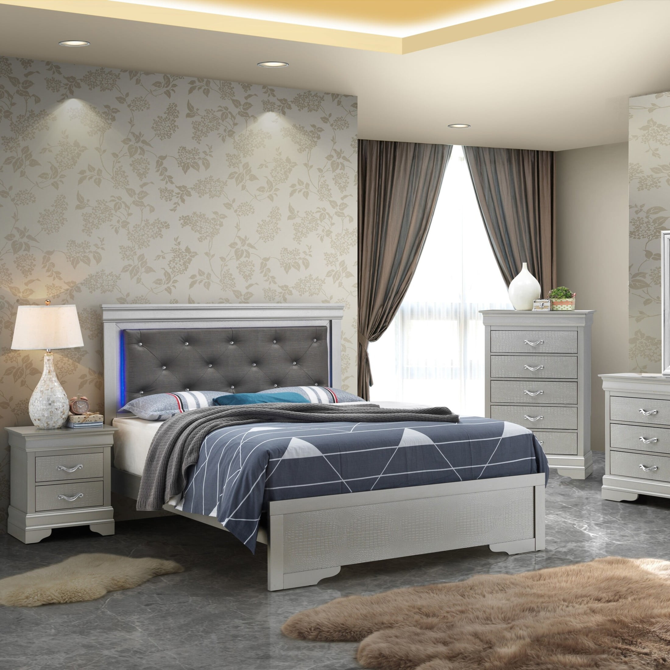 Noble House Transitional Queen Bed with LED Headboard, Jeweled Tufted ...