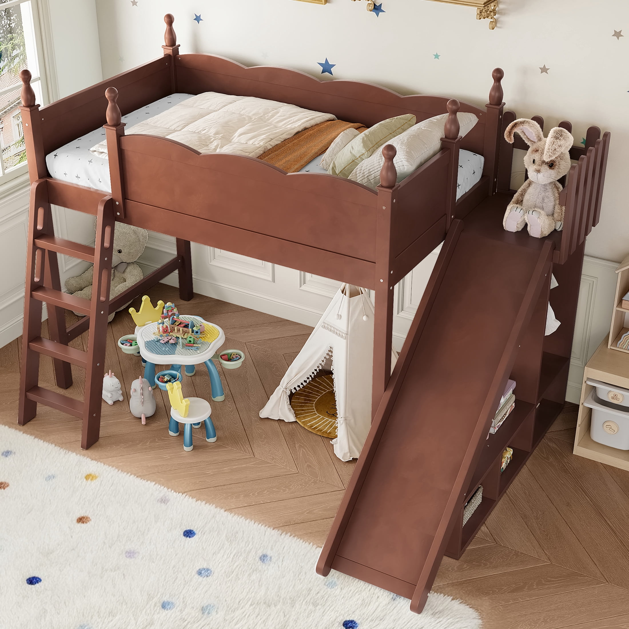 Noble House Twin Loft Bed with Storage Shelves, Detachable Slide and ...
