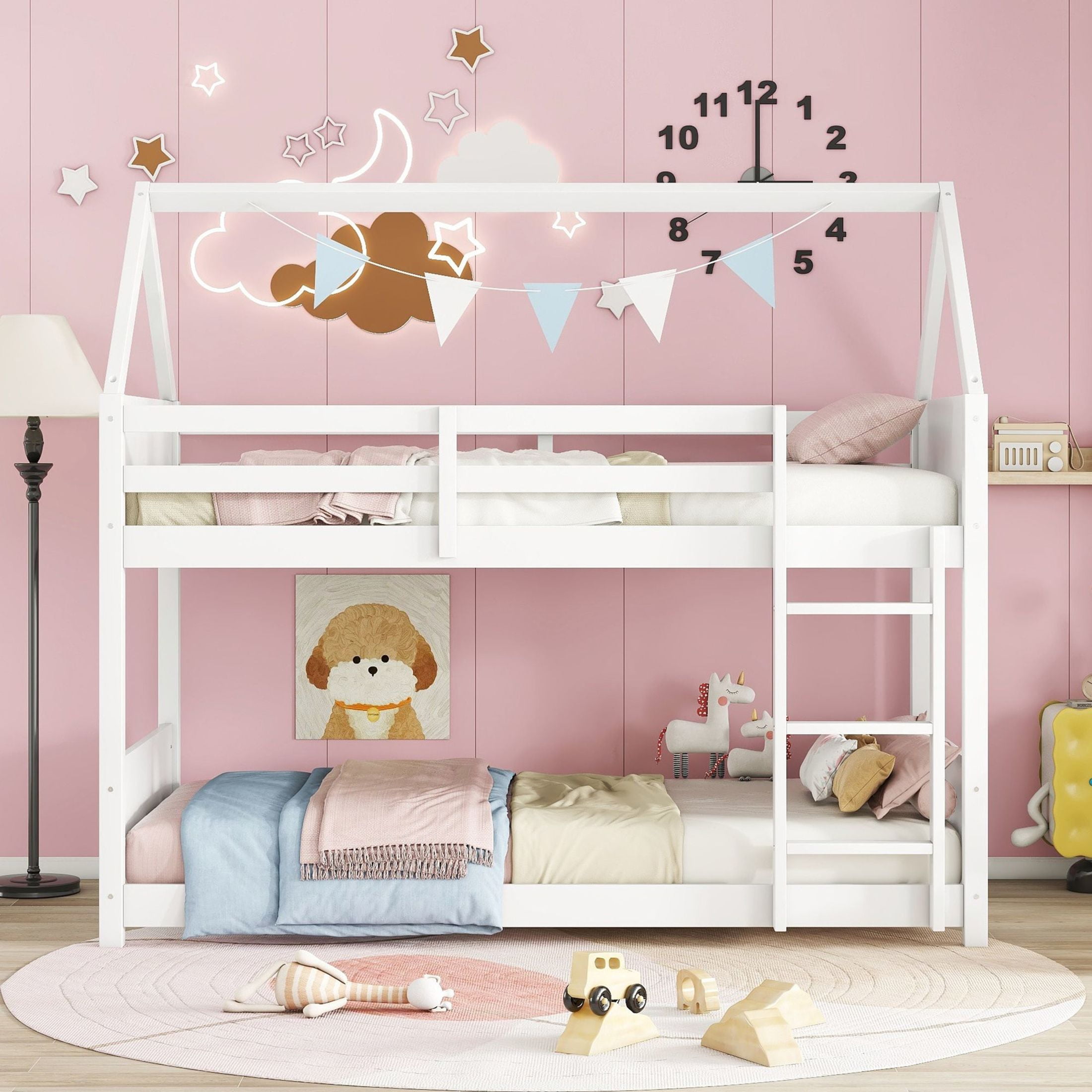 Noble House Twin Over Twin House Floor Bunk Bed, Rubber Wood Frame with ...