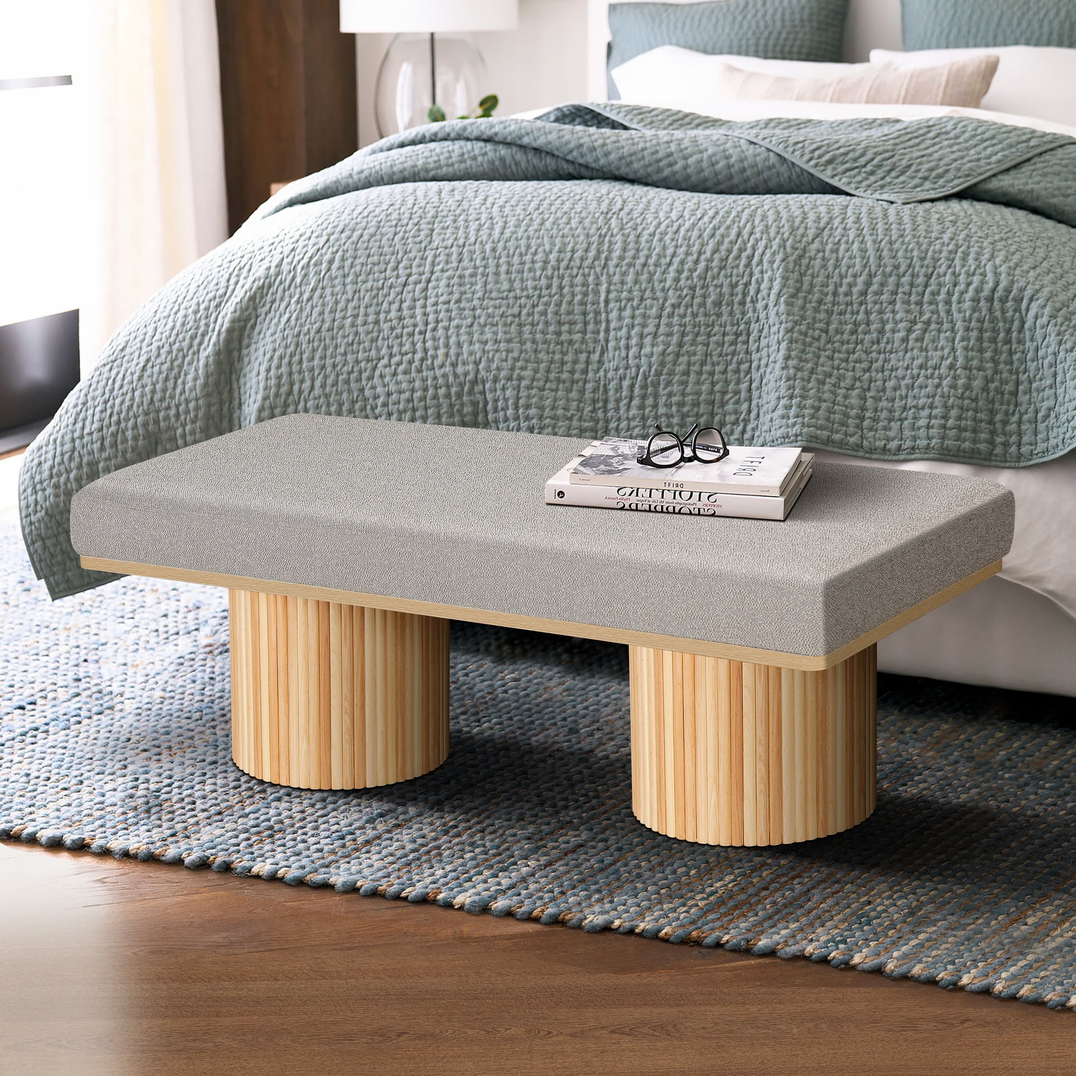 Noble House Upholstered Boucle Bench with Chunky Wooden Legs ...