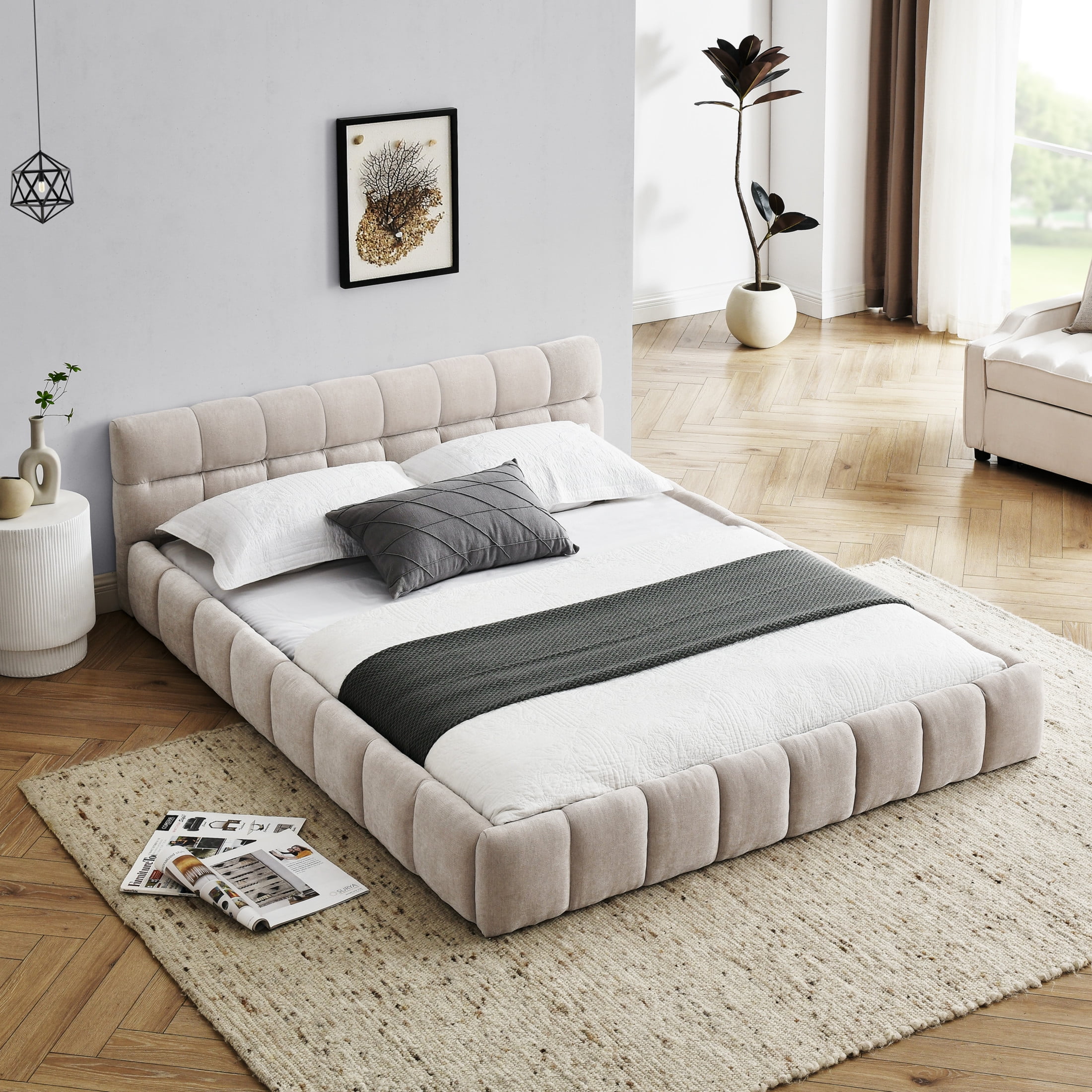 Noble House Upholstered Queen Bed Frame, Thick Chenille Fabric Platform ...