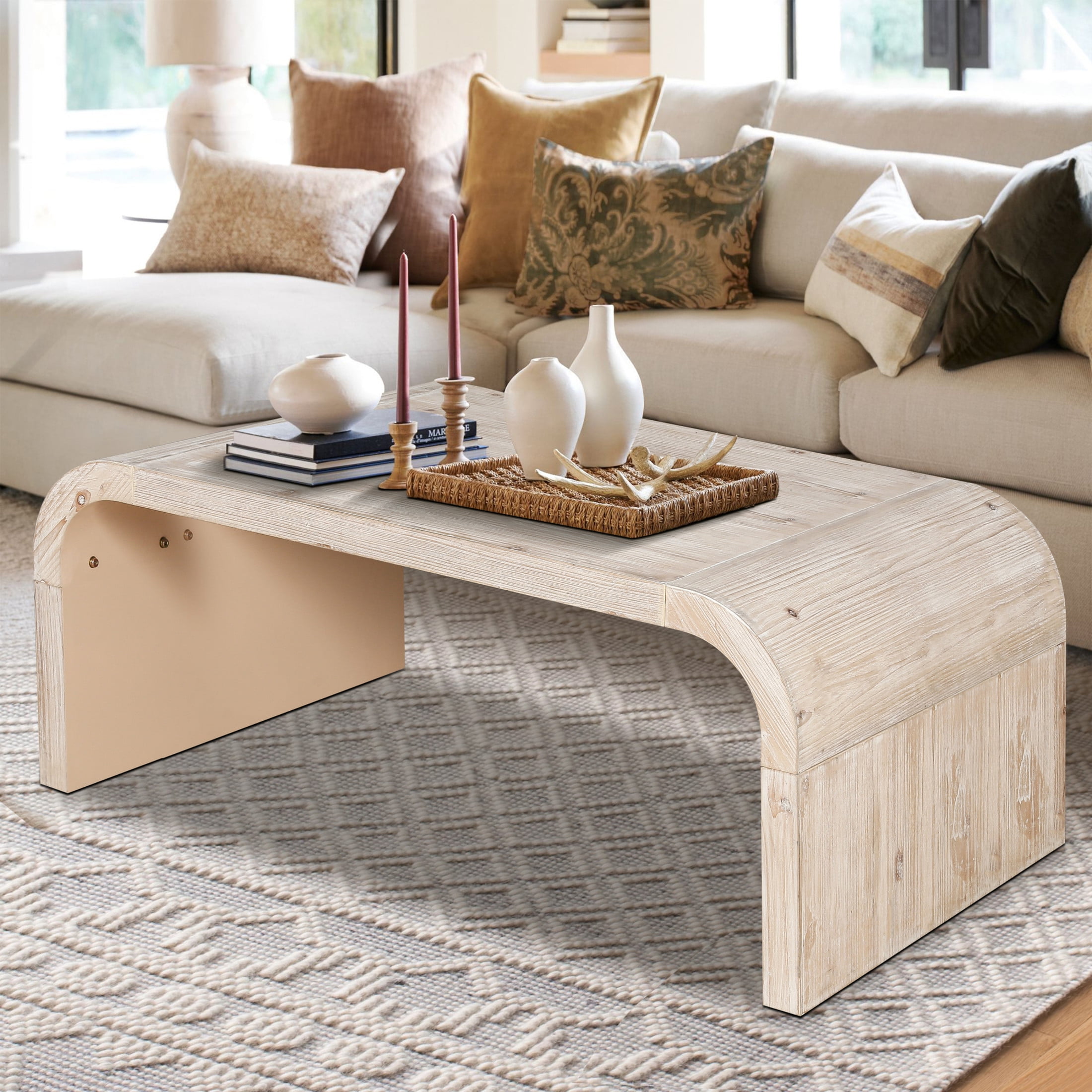 Noble House Vintage Farmhouse Coffee Table with Curved Art Deco Design ...