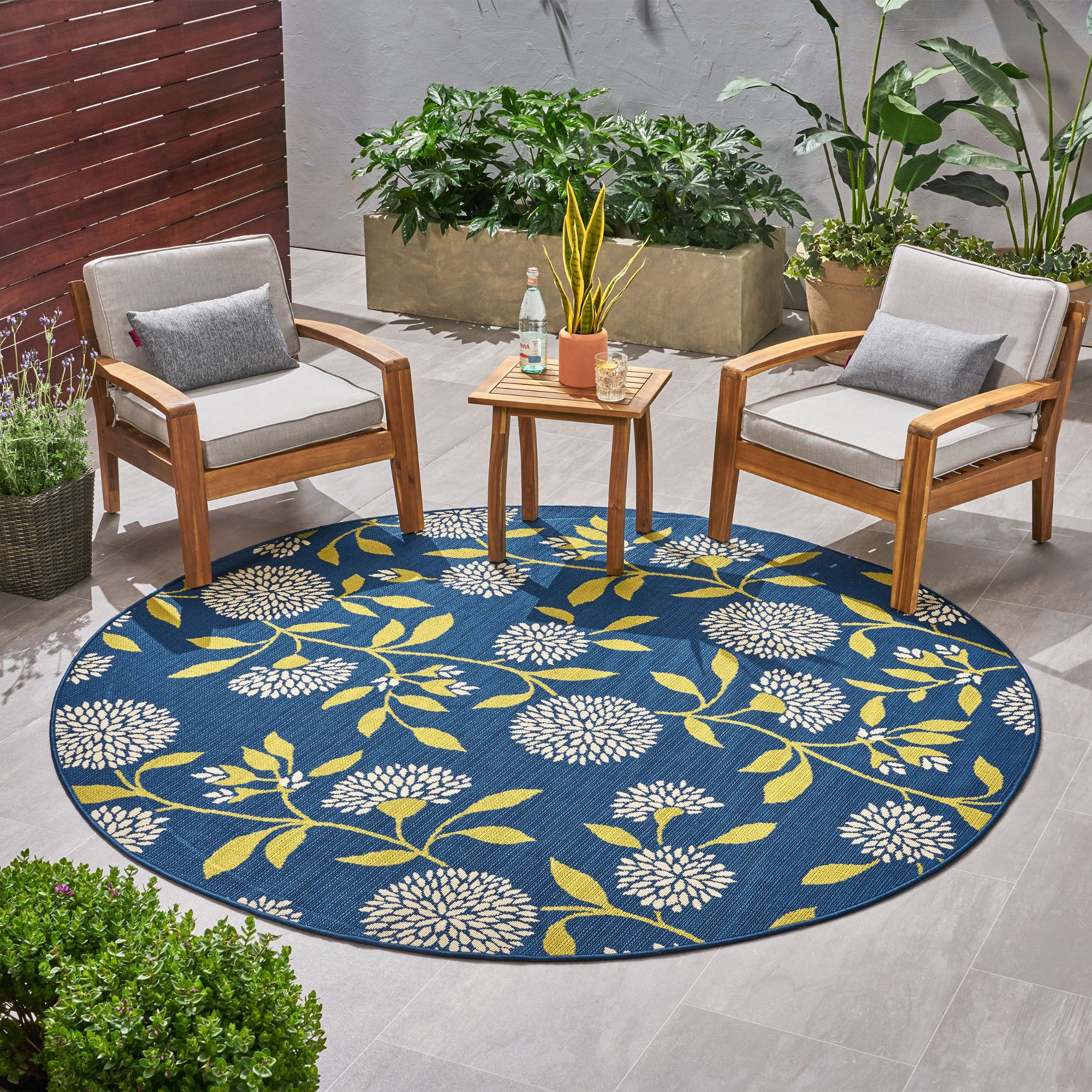 Noble House Round Outdoor Area Rug, Blue Green Ivory, Floral Abstract ...