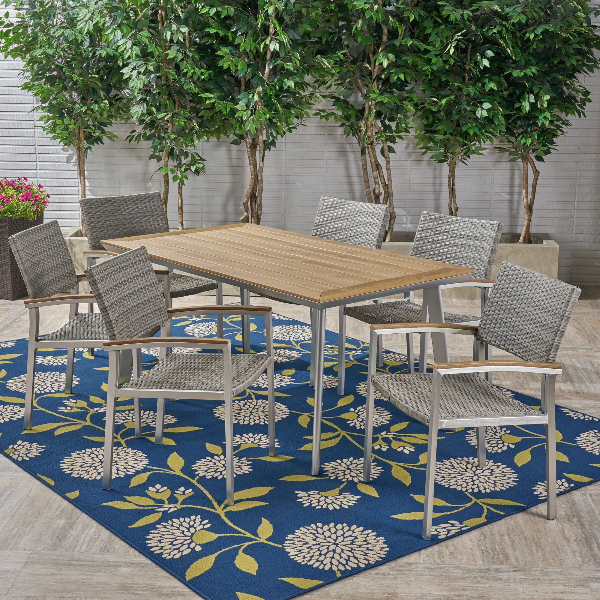 Noble House Waldorf 7 Piece Faux Wood Top Patio Dining Set in Silver and Gray - Walmart.com