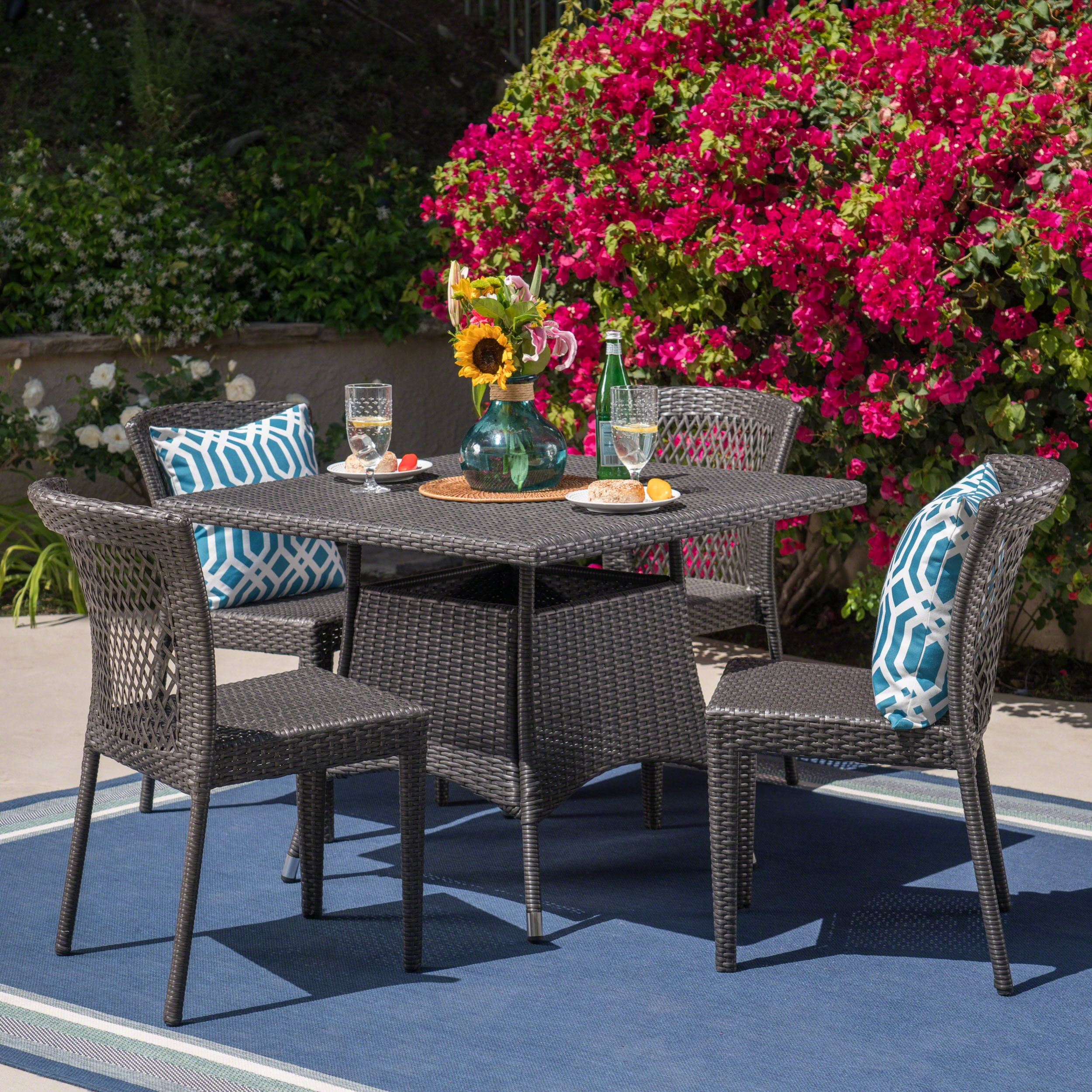 Noble House Watkins 5 Piece Wicker Square Patio Dining Set in Gray ...