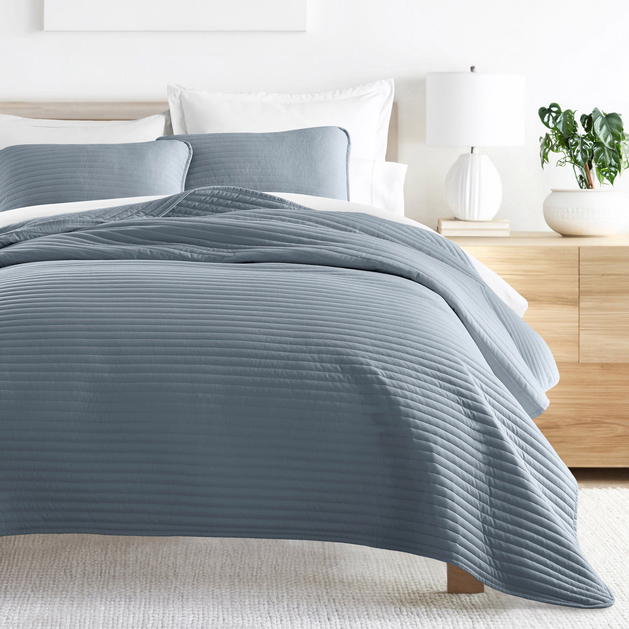 Noble Linens 3 Piece Dusk Blue Stripe Stitch Quilt Set, Queen / Full ...