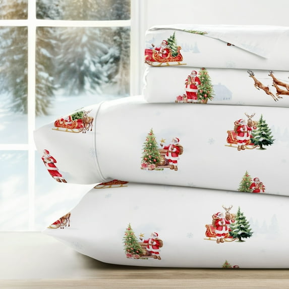 Noble Linens 3 Piece Holiday Microfiber Bed Sheet Set, Vintage Santa ...