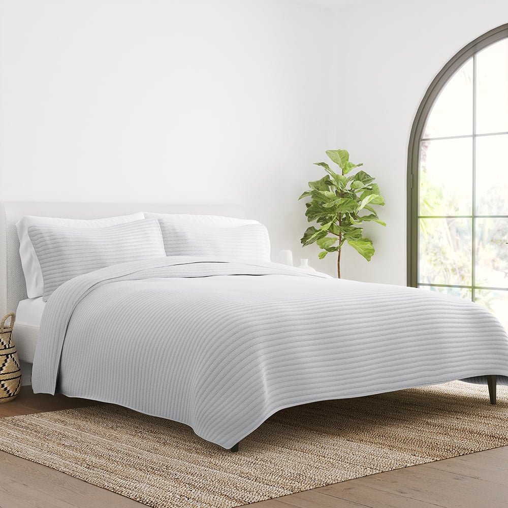 Noble Linens 3 Piece Light Gray Stripe Stitch Quilt Set, Queen / Full ...