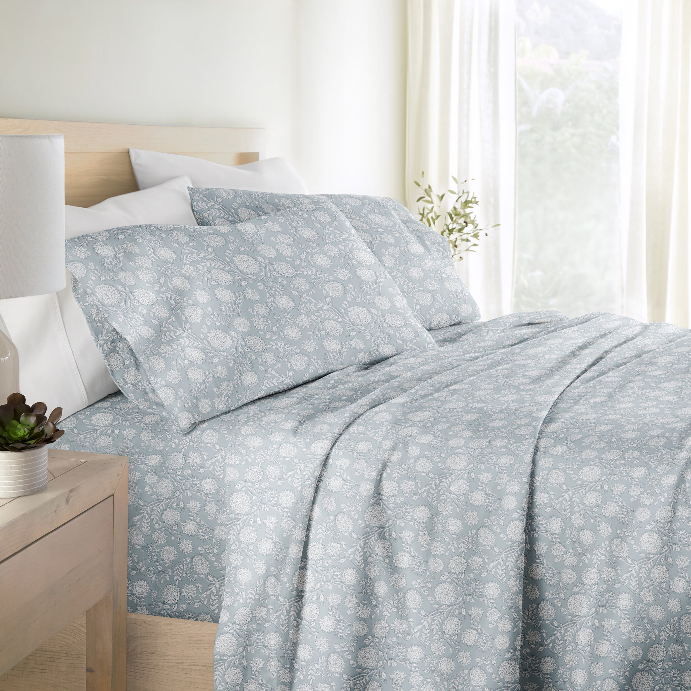 Noble Linens 4 Piece 300TC Cotton Printed Sheets, Bohemian Garden Blue ...