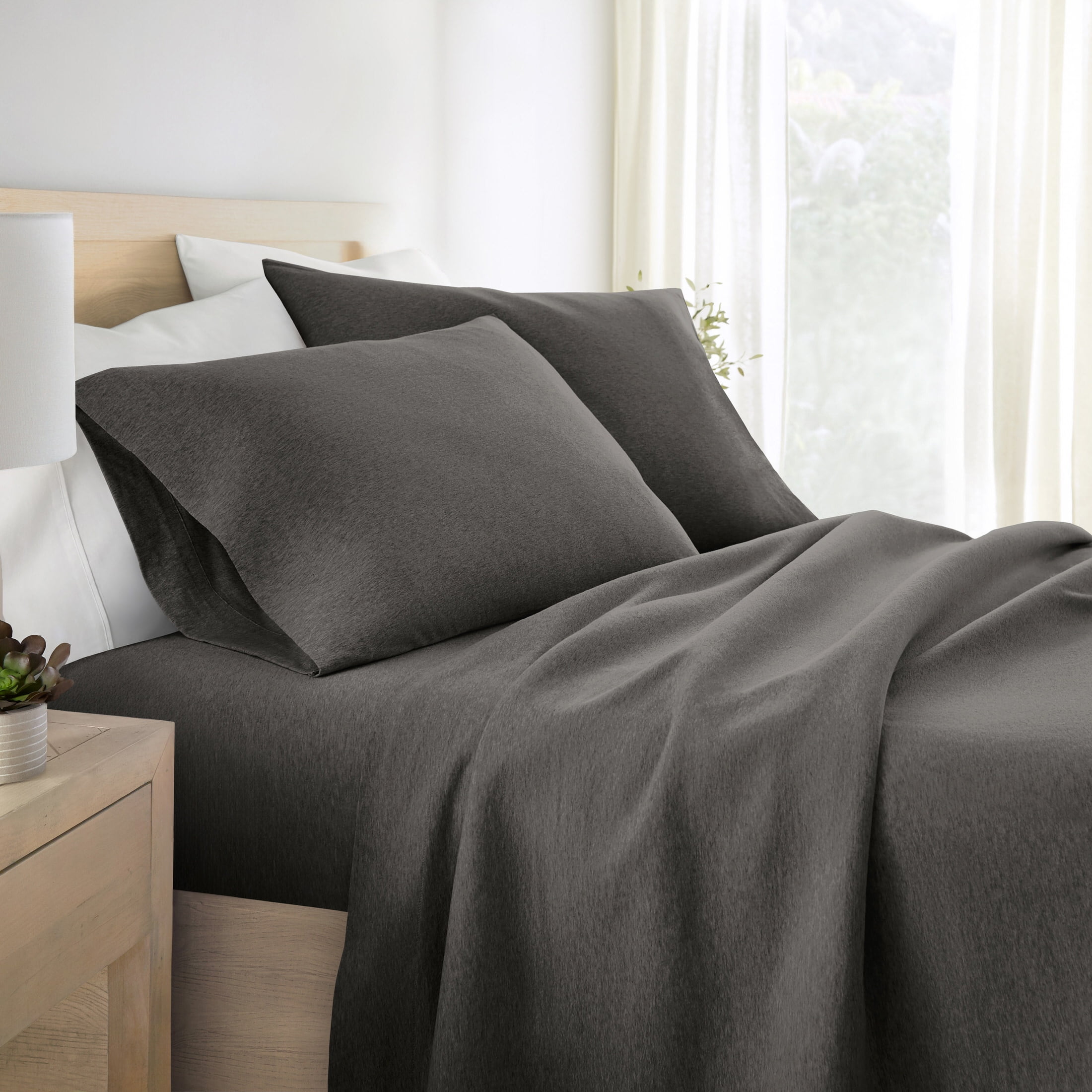 Noble Linens 4 Piece Jersey Knit 100% Cotton Sheet Set, Gray, Twin ...