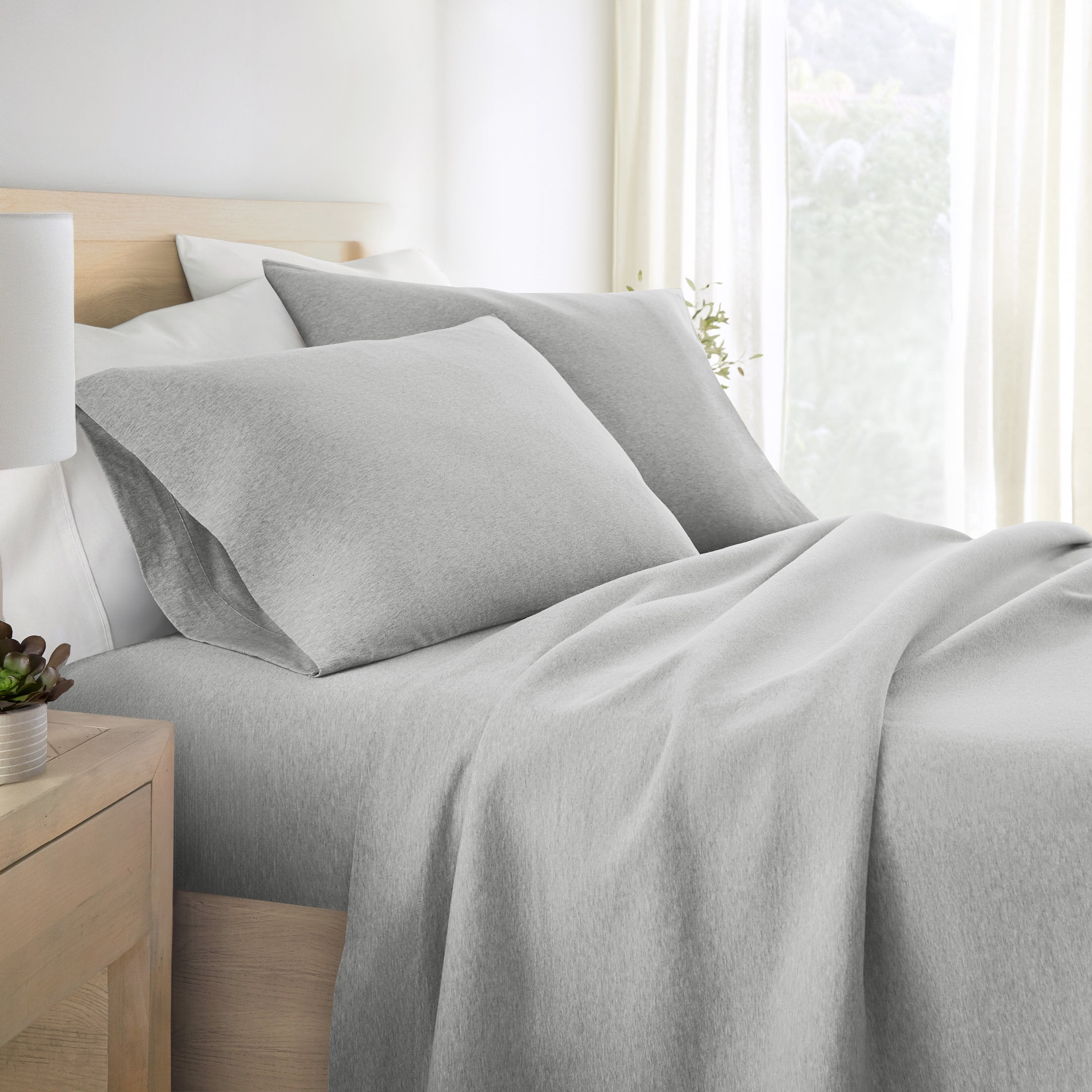 Noble Linens 4 Piece Jersey Knit 100% Cotton Sheet Set, Light Gray ...