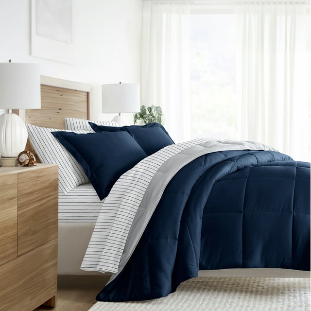 Noble Linens 5 Piece Bedding Bundle, Reversible Comforter and Patterned ...