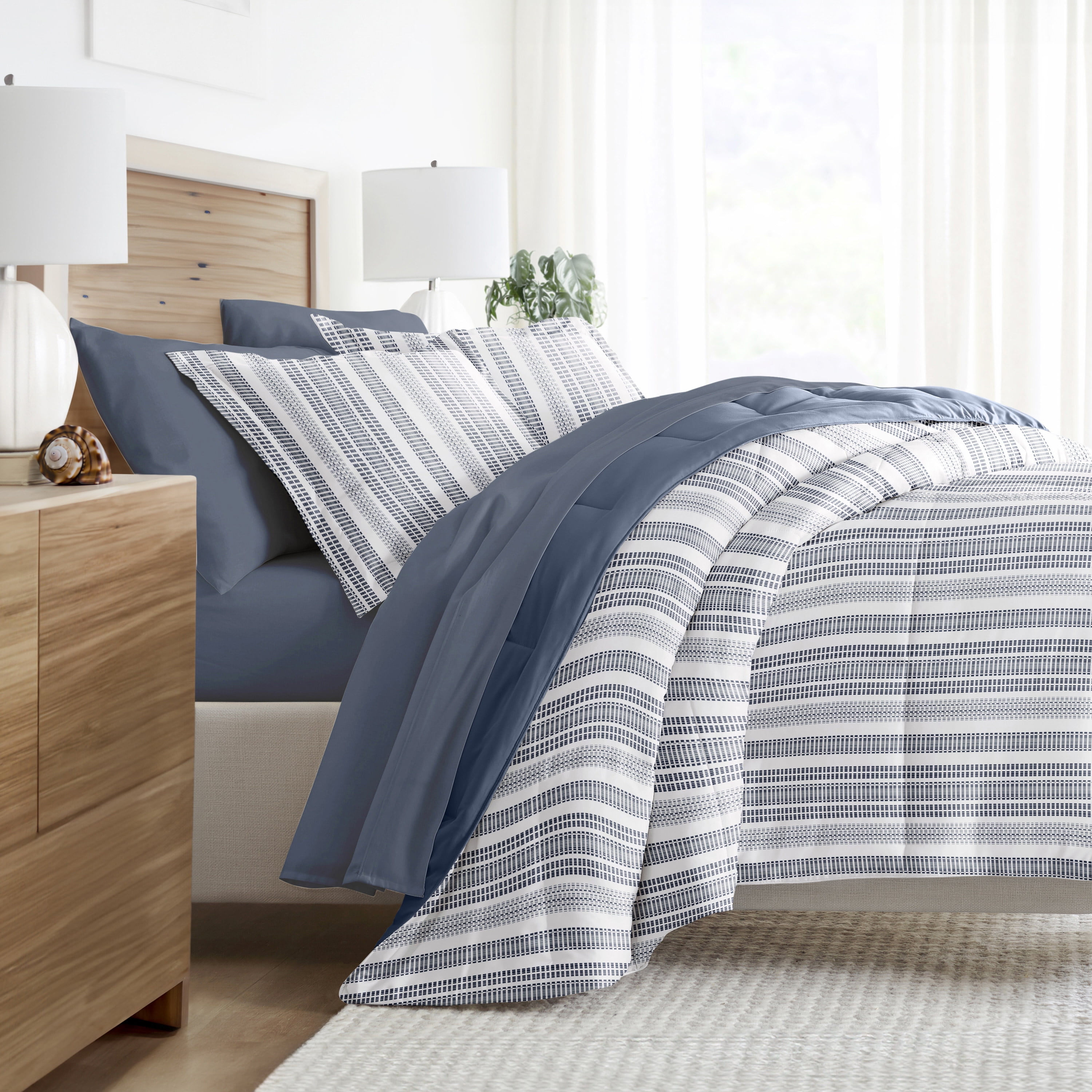 Noble Linens 7 Piece Bedding Bundle, Microfiber Patterned Comforter and Sheet Set, Full ...