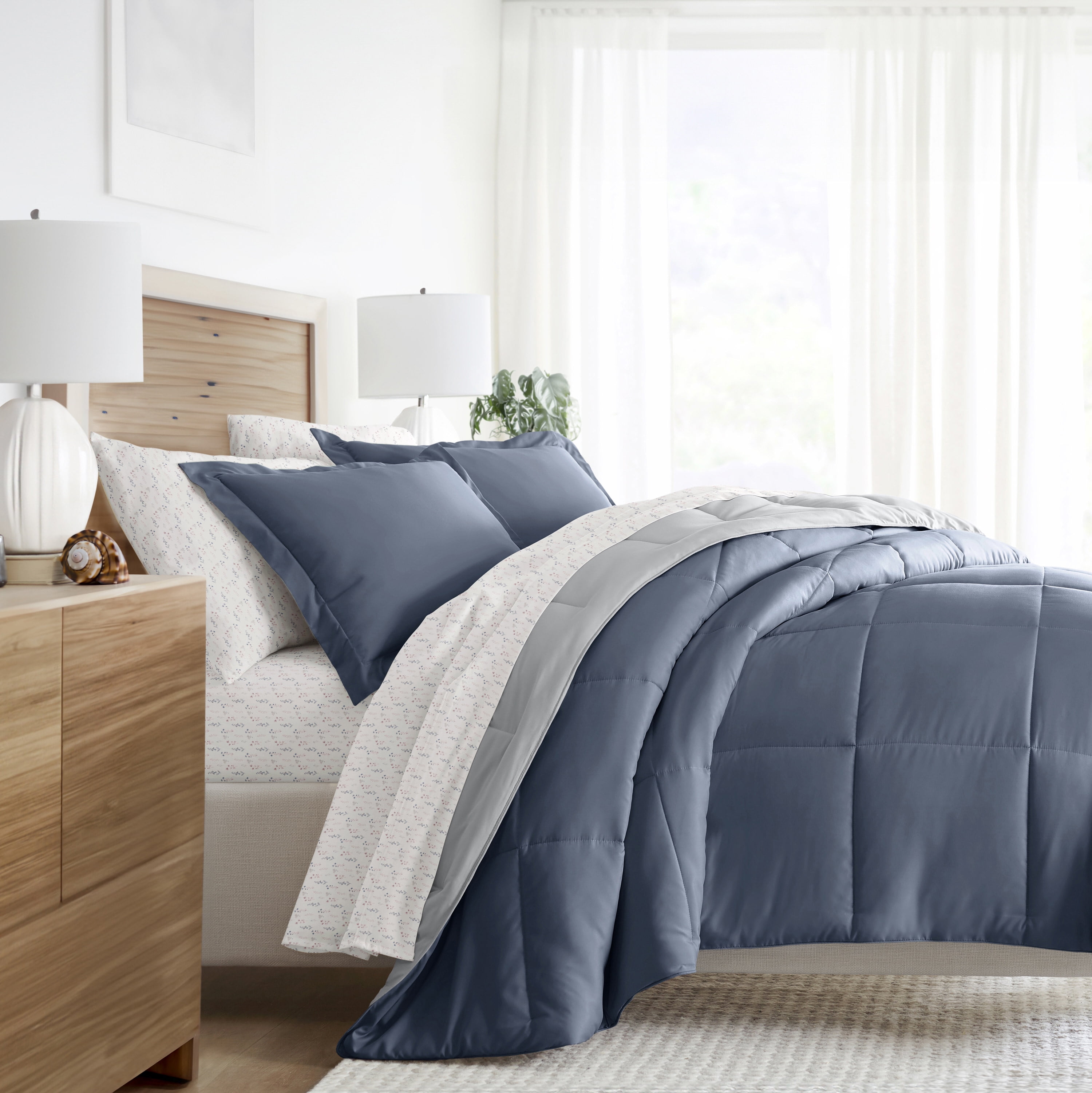 Noble Linens 7 Piece Bedding Bundle, Reversible Comforter and Patterned ...