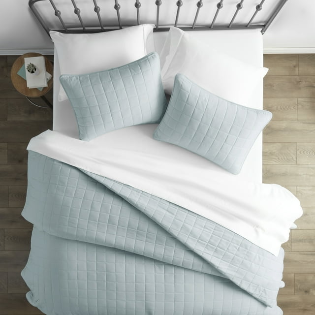 Noble Linens Pale Blue Square Pattern Quilted Coverlet Set, Full/Queen ...