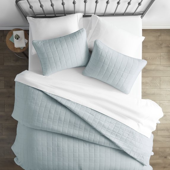 Noble Linens Pale Blue Square Pattern Quilted Coverlet Set, King ...