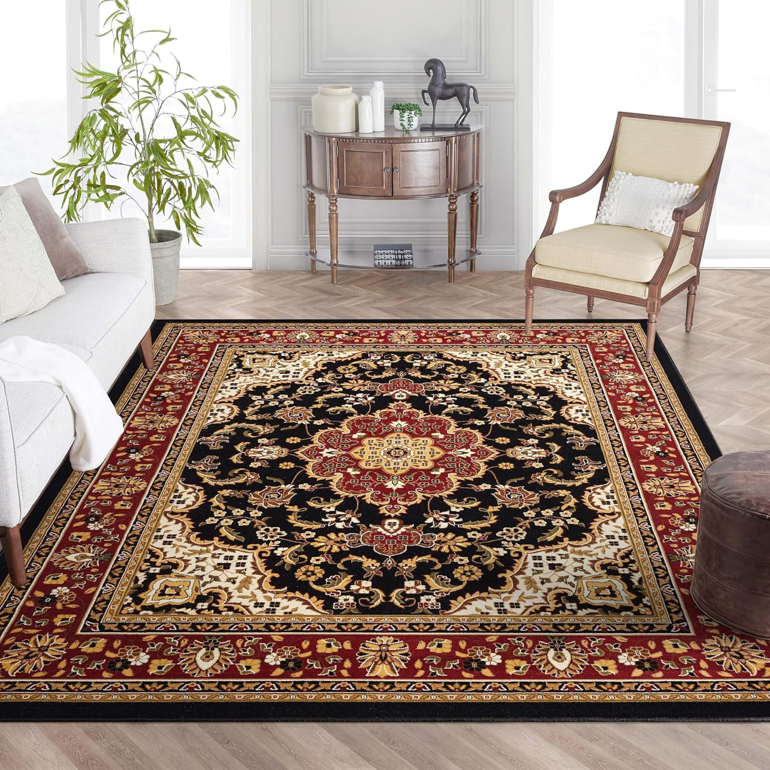 Noble Medallion Black Persian Floral Oriental Formal Traditional Area ...