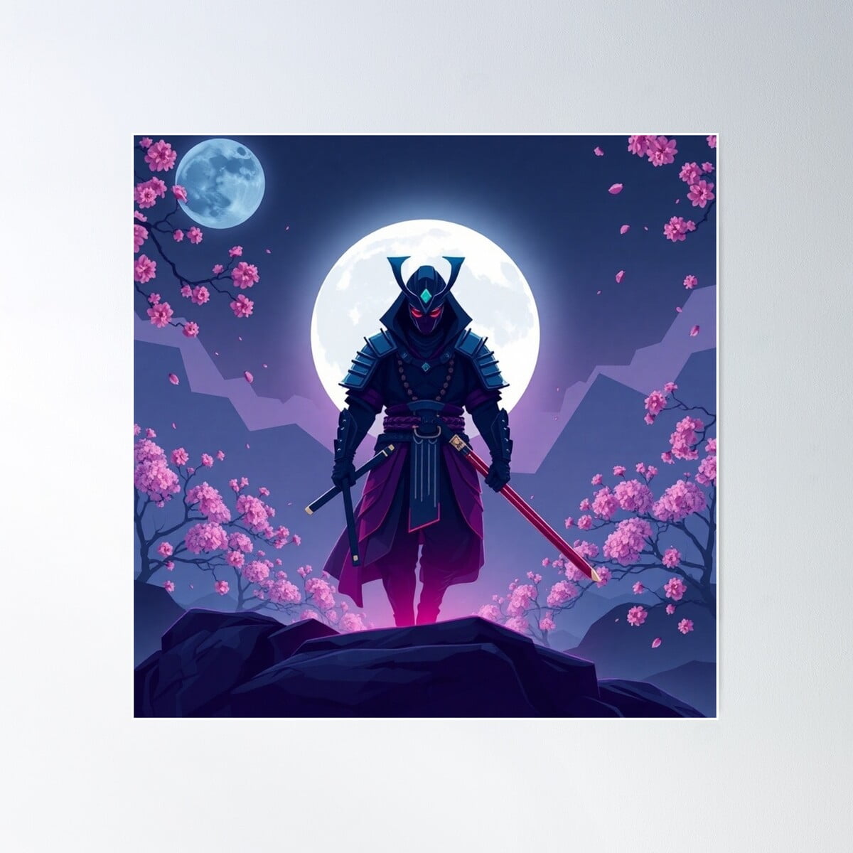 Noble Samurai Under Cherry Blossoms & Moon – Japanese Art Poster Wall ...