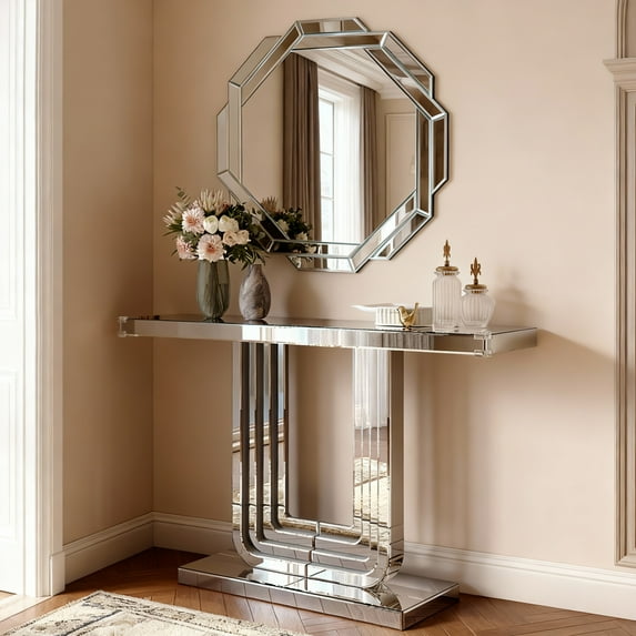 Noble house Mirrored Console Table, Silver Entryway Table with U-Base ...