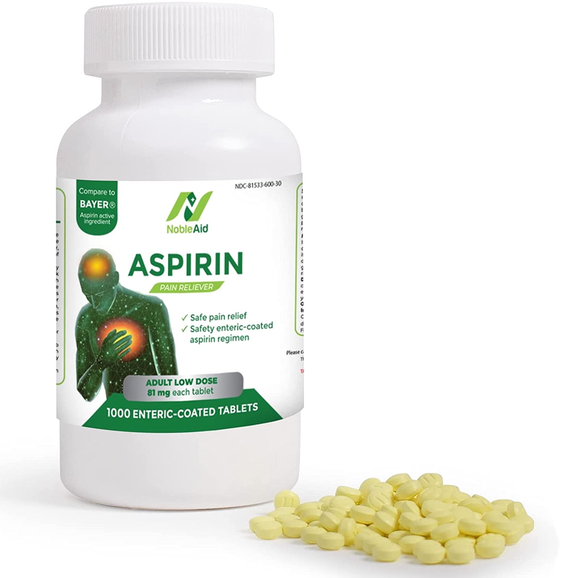 NobleAid Adult Low Dose 81mg Aspirin for Daily Body Pain & Fever Relief ...
