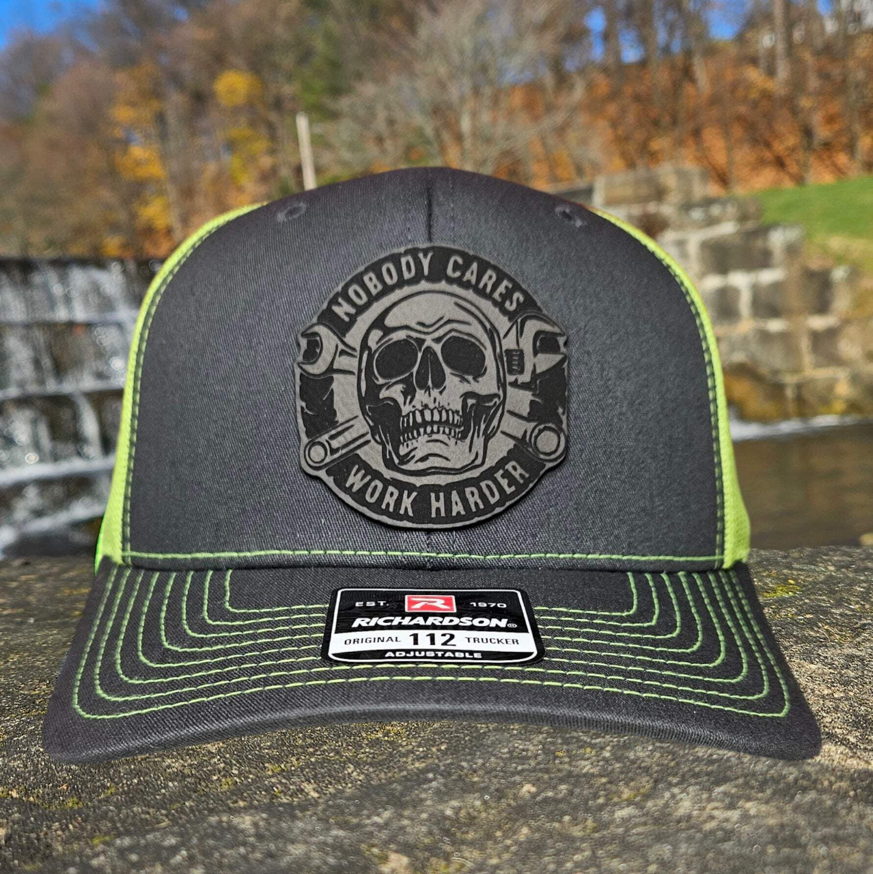 Nobody Cares Work Harder Charcoal High Vis Green Snap Back Richardson ...