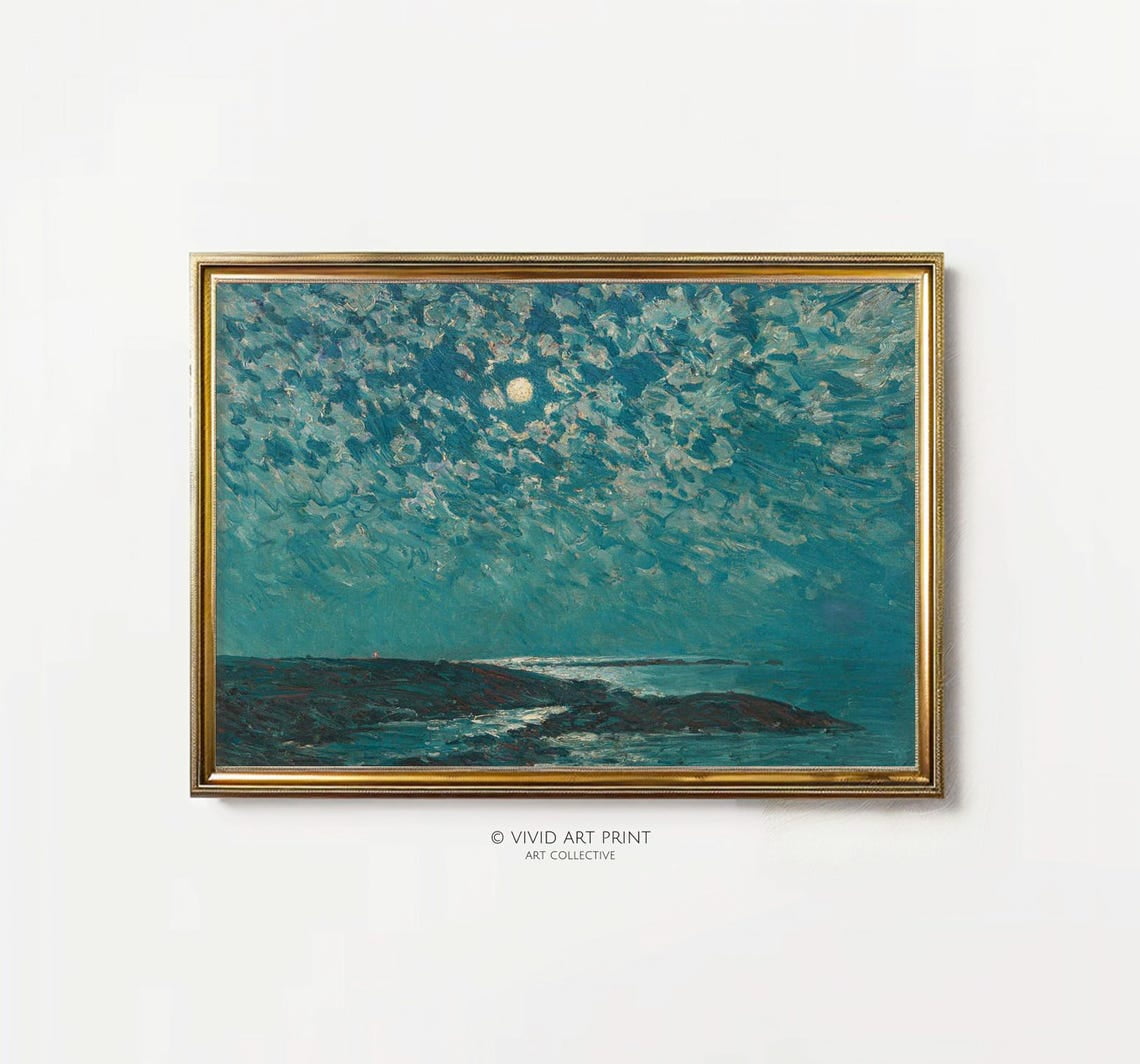 Nocturnal Seascape Vintage Wall Art, Moonlight Reflections Home Decor ...