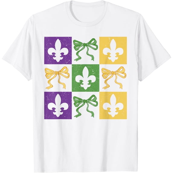 Nodb Coquette Bow Checkered Fleur De Lis Mardi Gras Carnival T-Shirt ...