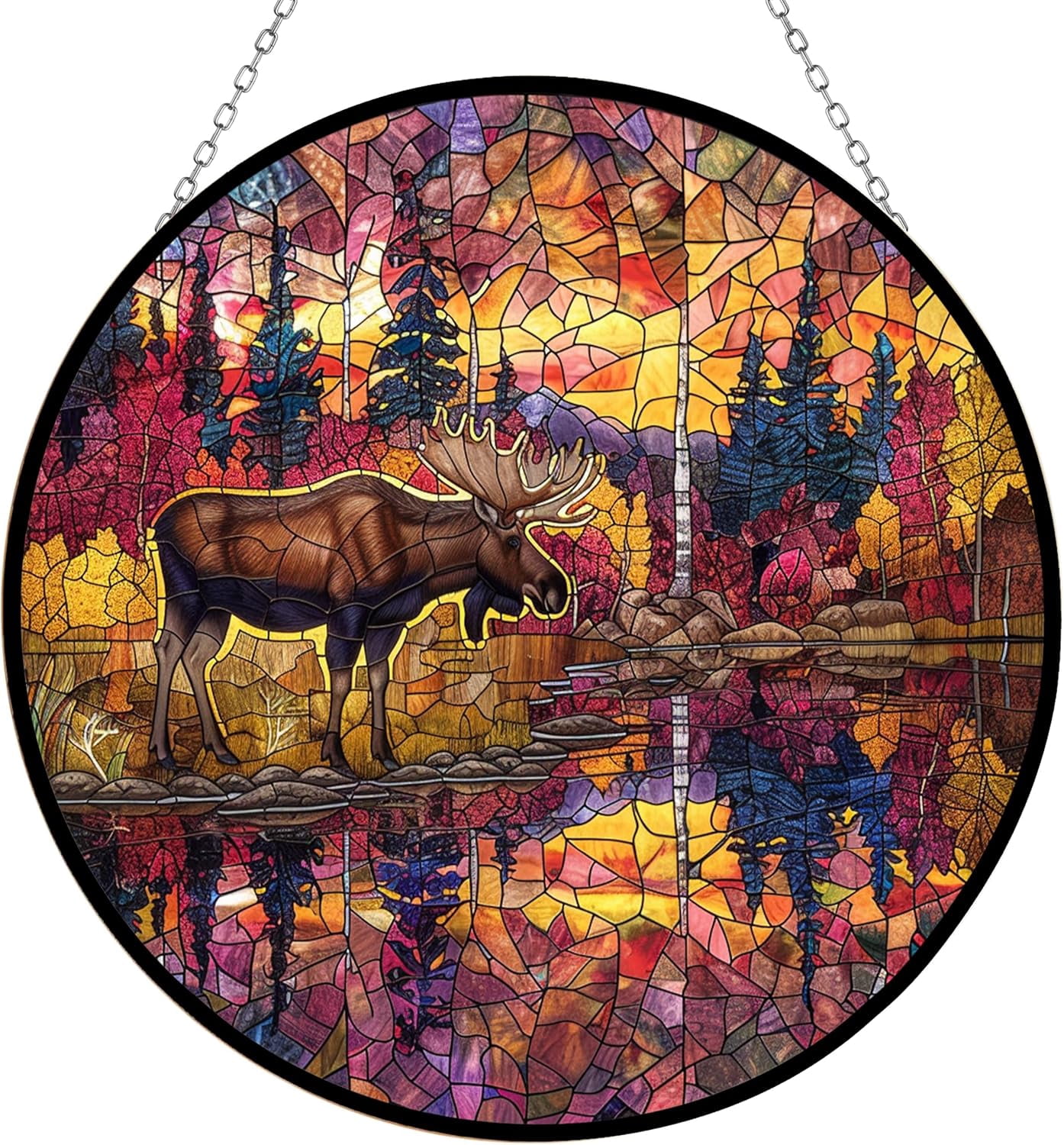 Noel Moose Stained Glass Suncatcher Four Season Theme Colorful Leaves ...