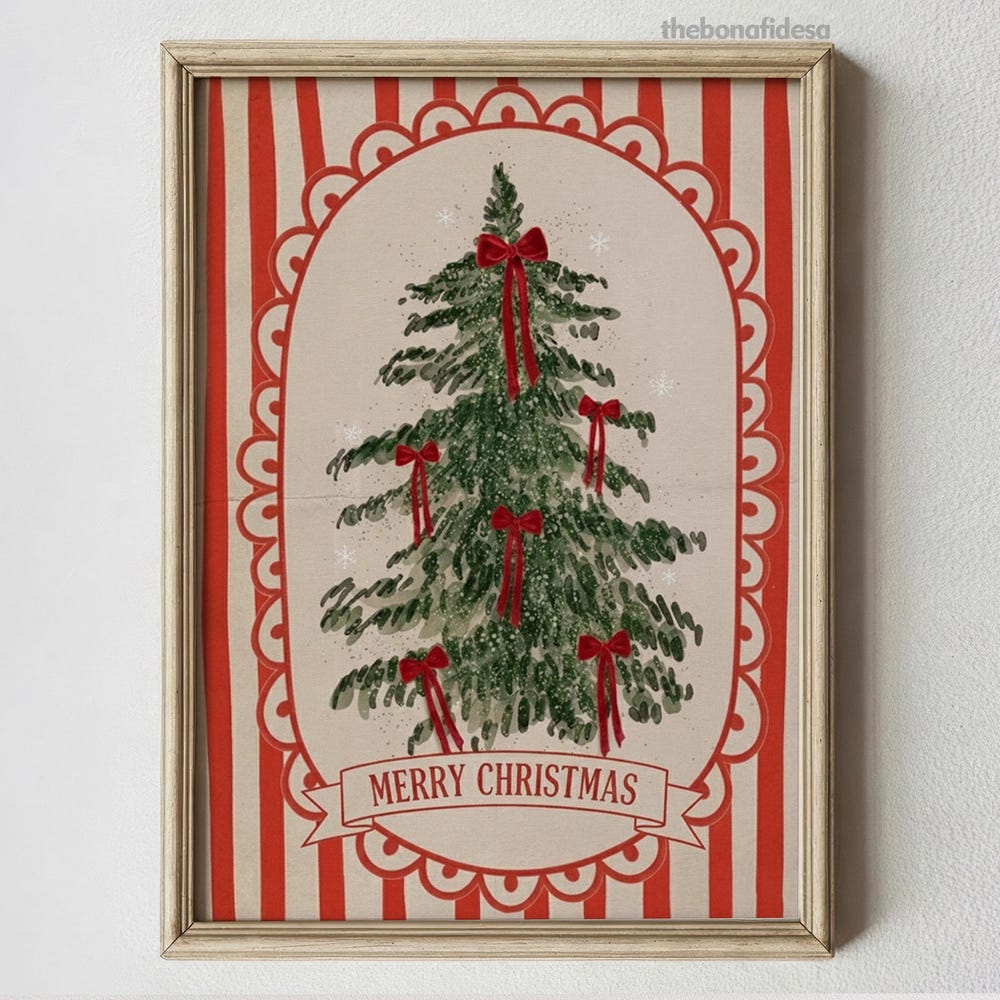 Noel Tree Print, Coquette Wall Art Print, Red Bows, Trendy Girly ...