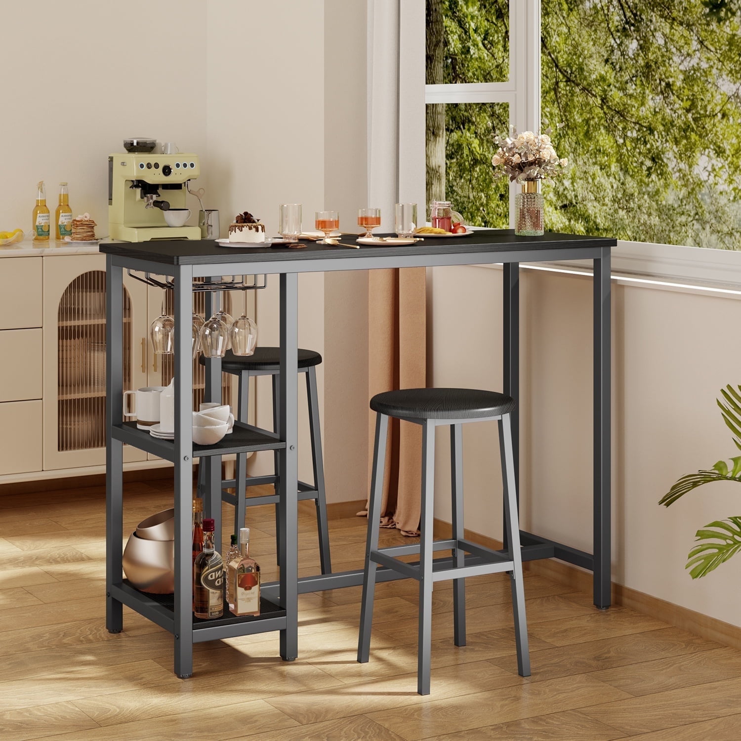 Noelse 3 Piece Bar Table Set for 2, Bar Table with Stools and 2 Storage ...