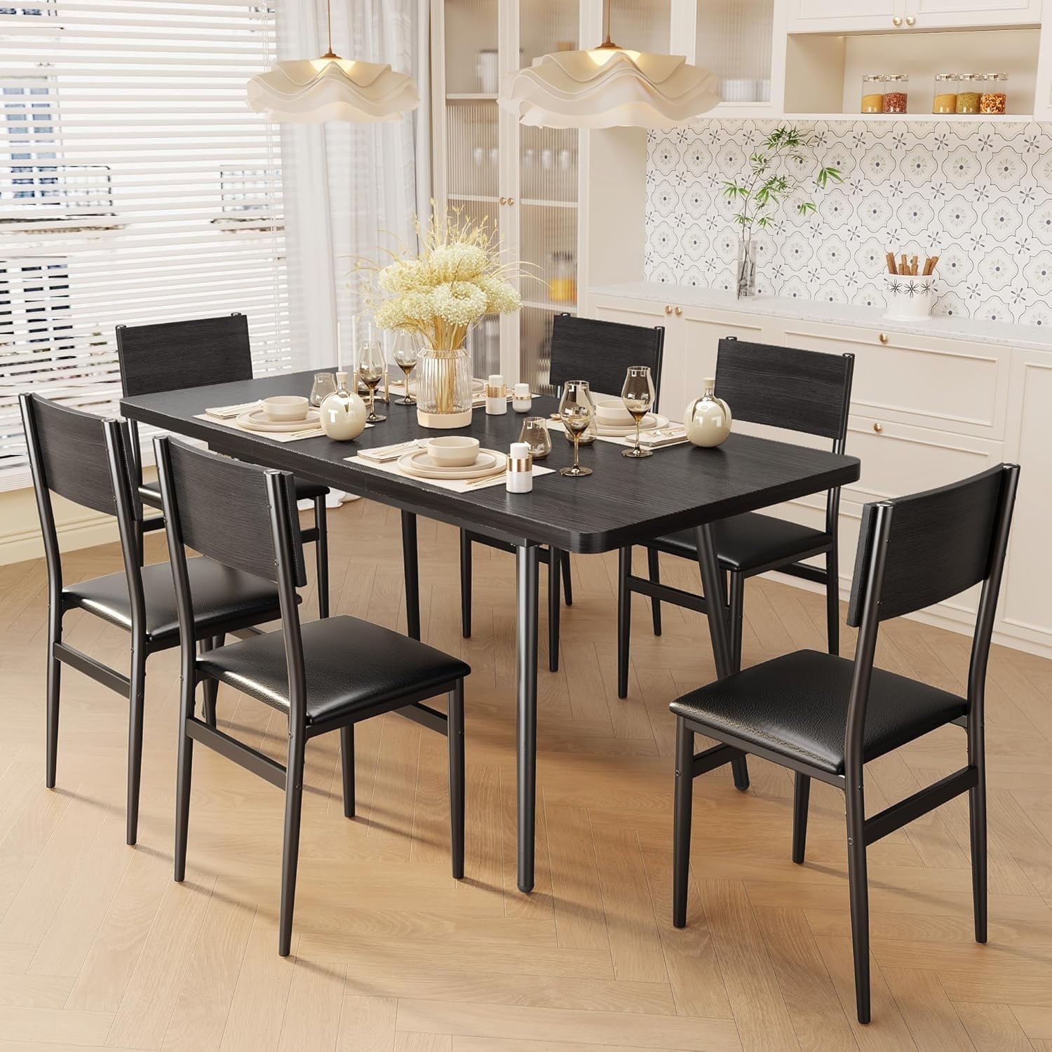 Noelse 63" Dining Table Set for 4-6 People, 7-Piece Extendable Kitchen ...