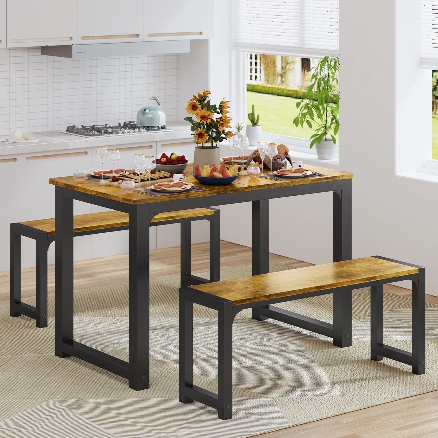 63” Extendable Kitchen Table Sets for 4 with 2 Benches, Noelse Dining ...