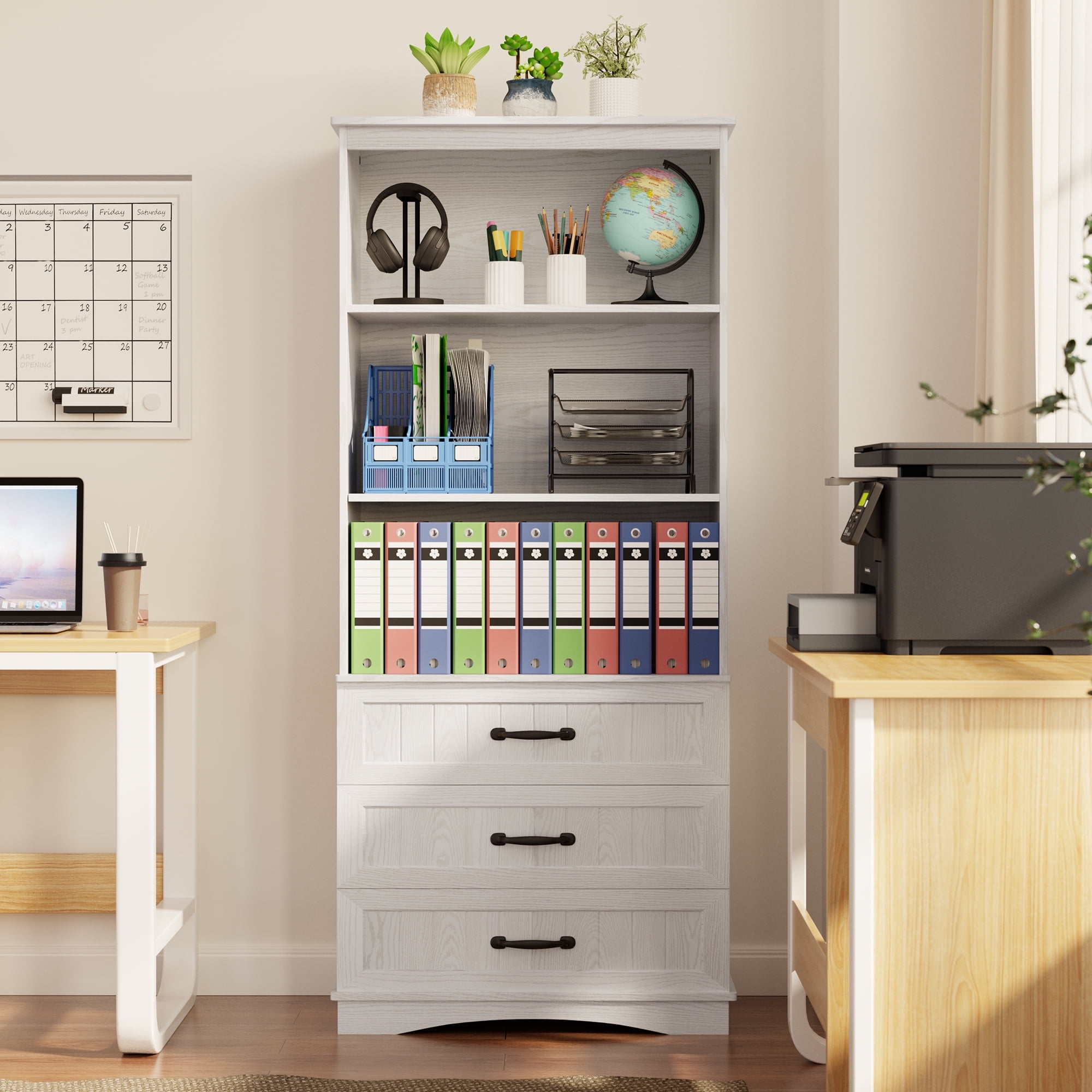 71'' Tall Bookcase with 3 Large Drawers, Noelse Freestanding 3-Tier ...