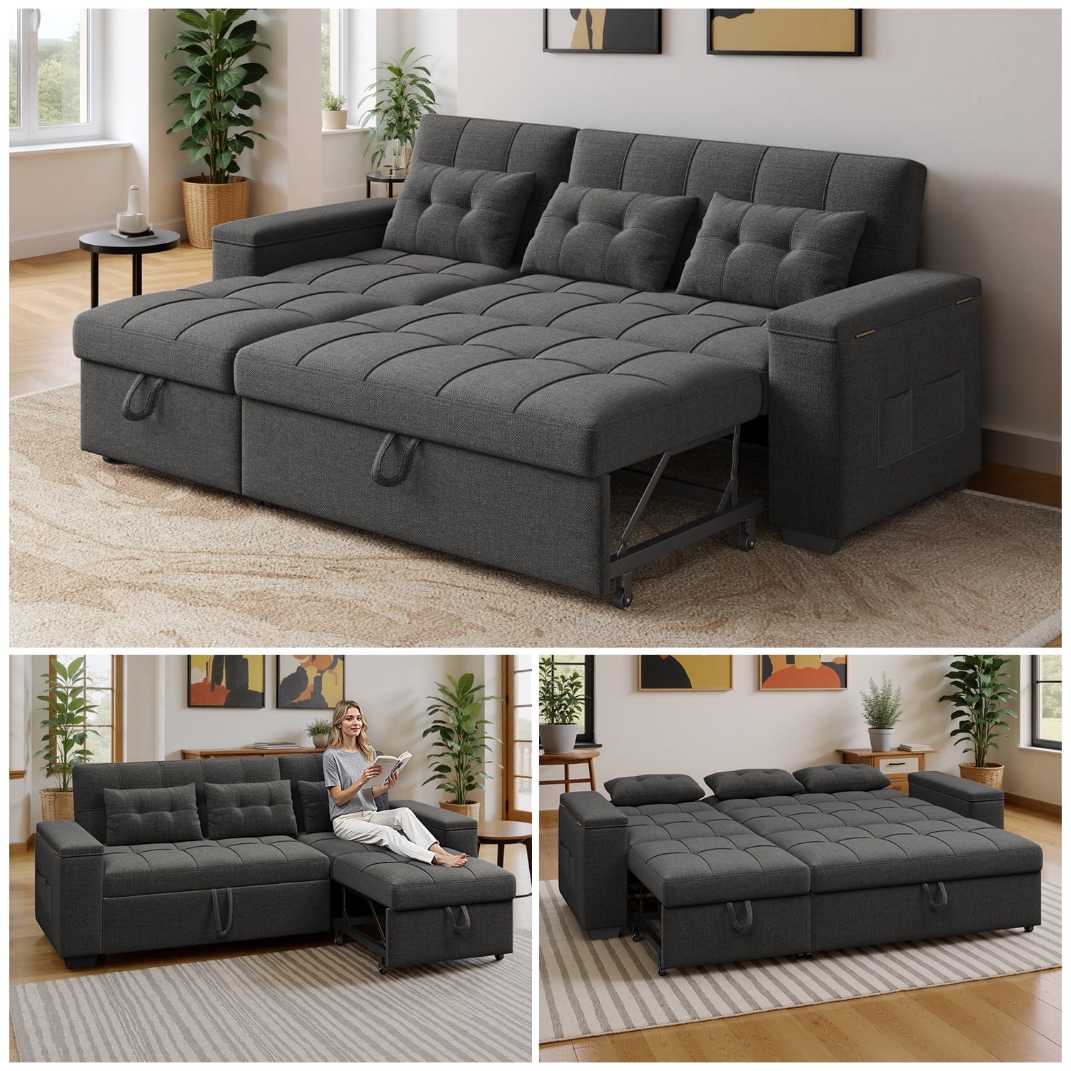 Noelse 87" Queen Size Pull Out Sofa Bed, 3-in-1 Convertible Sleeper ...