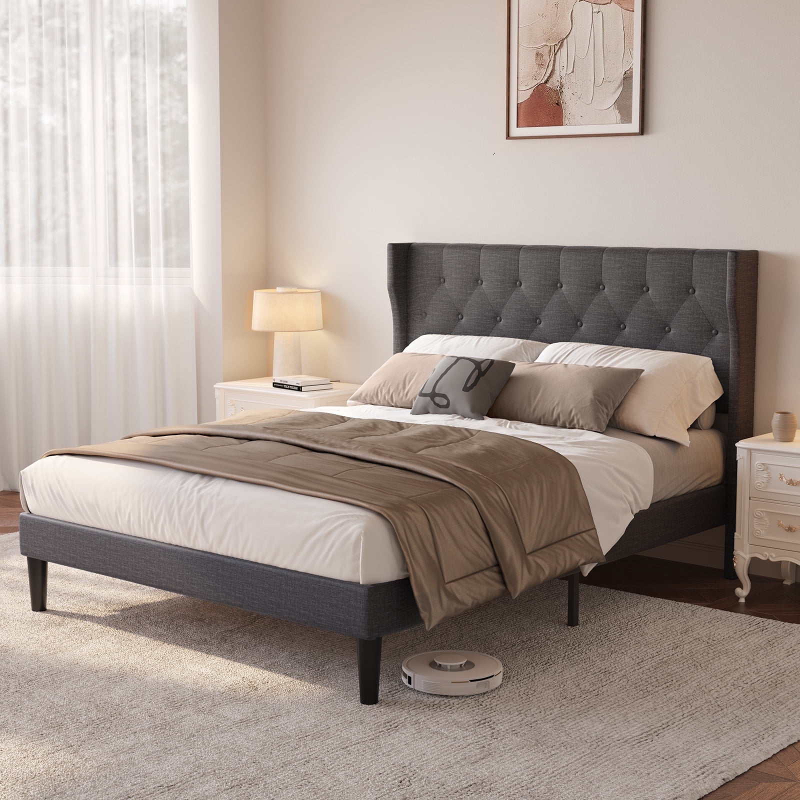 Noelse Full Size Upholstered Bed Frame with Wingback Headboard, Button ...