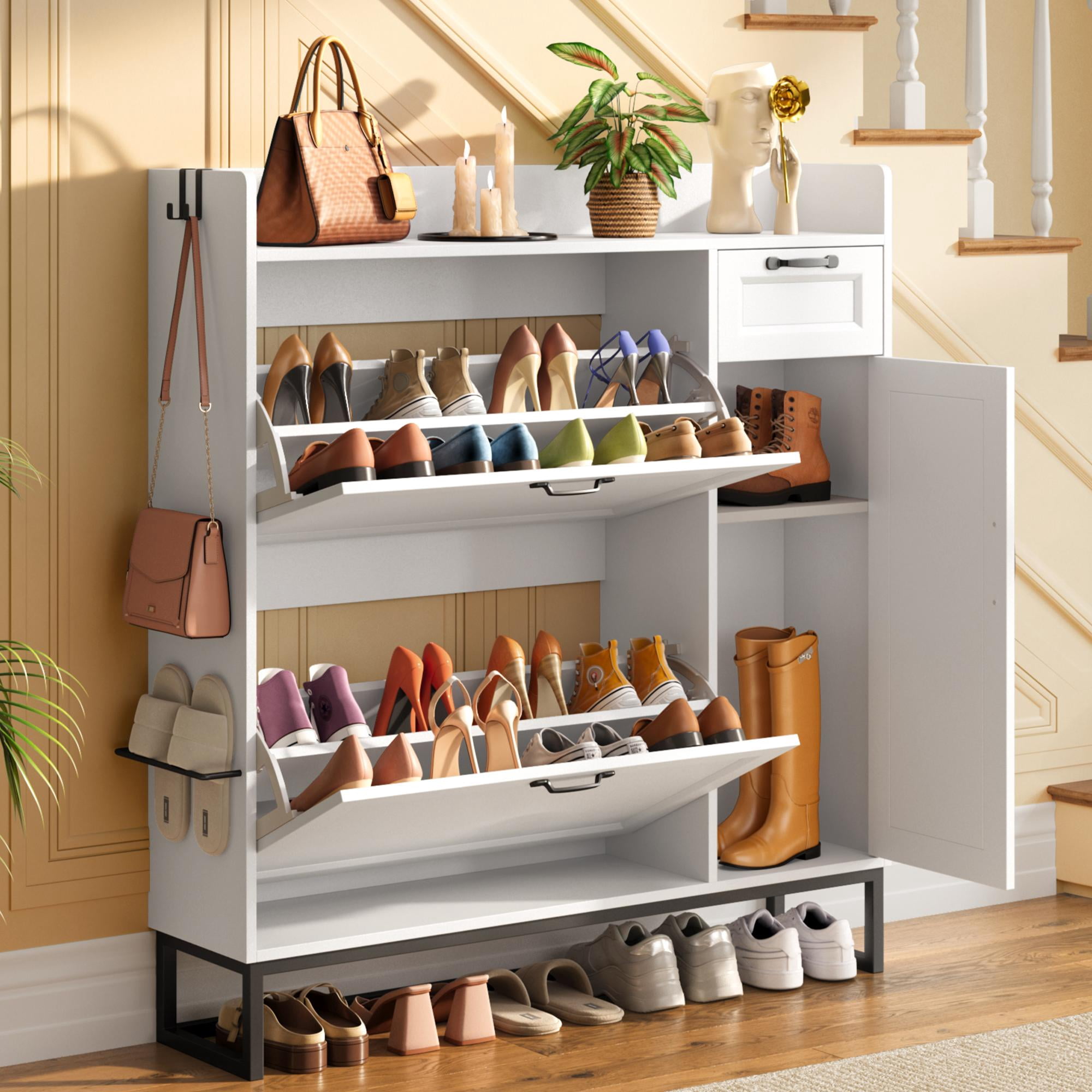 Noelse Shoe Cabinet with 2 Flip Drawers and Side Cabinet, Shoes Cabinet ...