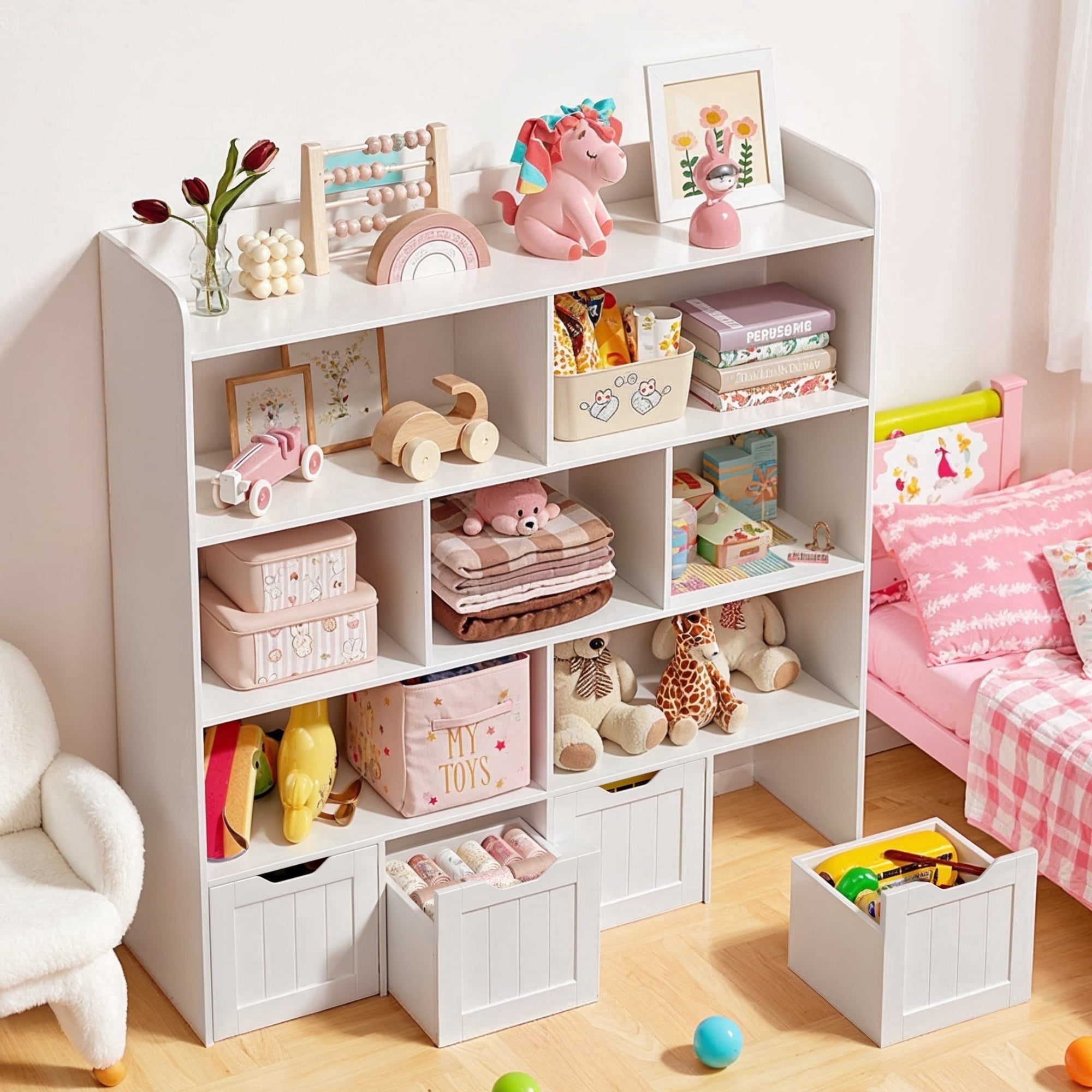 Noelse Toy Storage Cabinet and Kids Bookcase with 4 Movable Drawers and ...