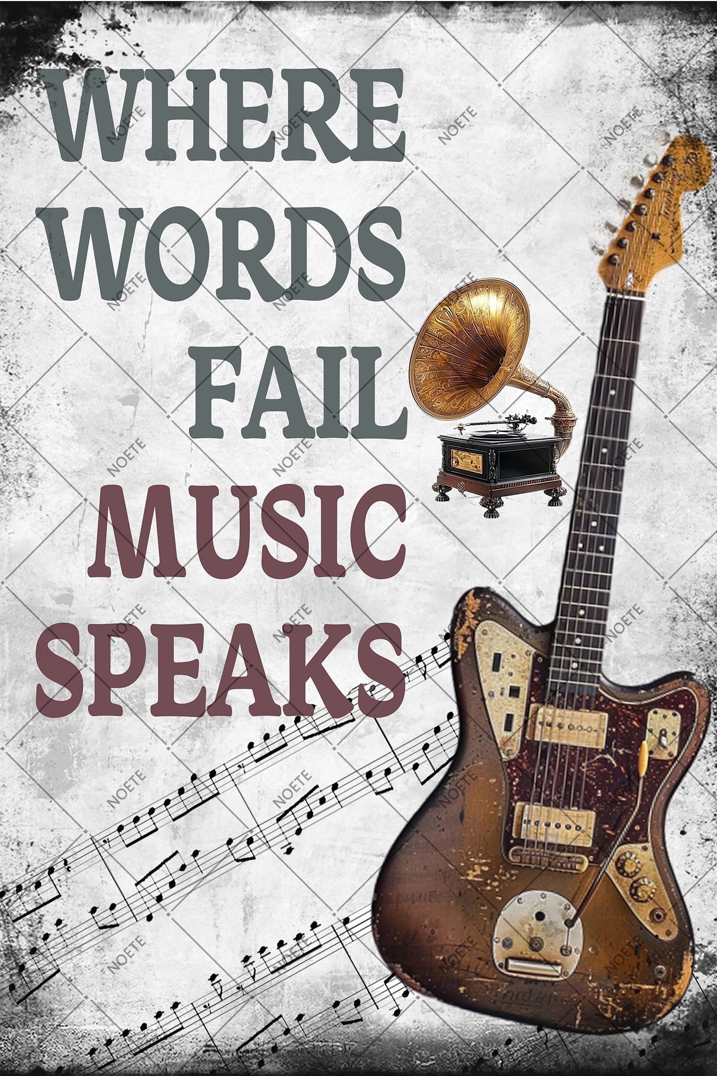 Noete Vintage Guitar Tin Sign "Where Words Fail Music Speaks" 12x16 ...