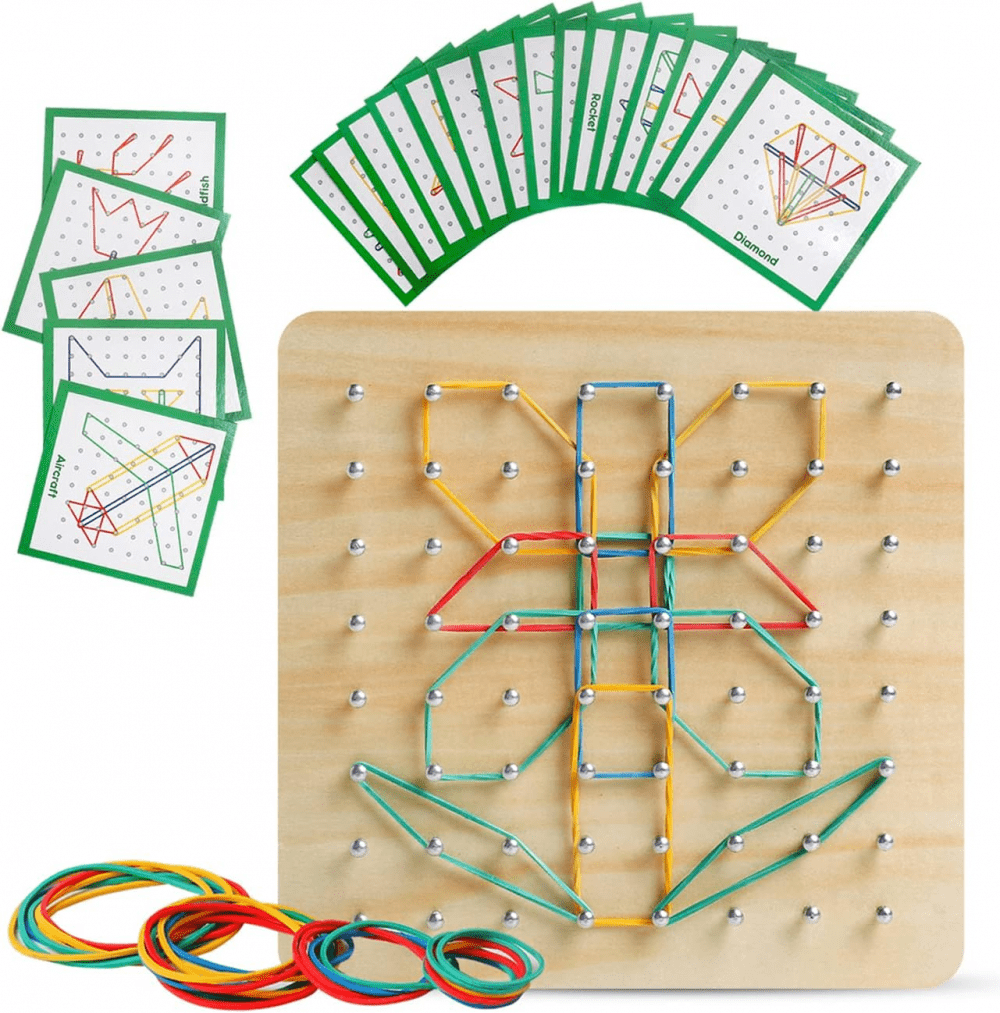 Noetoy Wooden Geoboard with Rubber Bands Graphical Math Pattern Blocks ...
