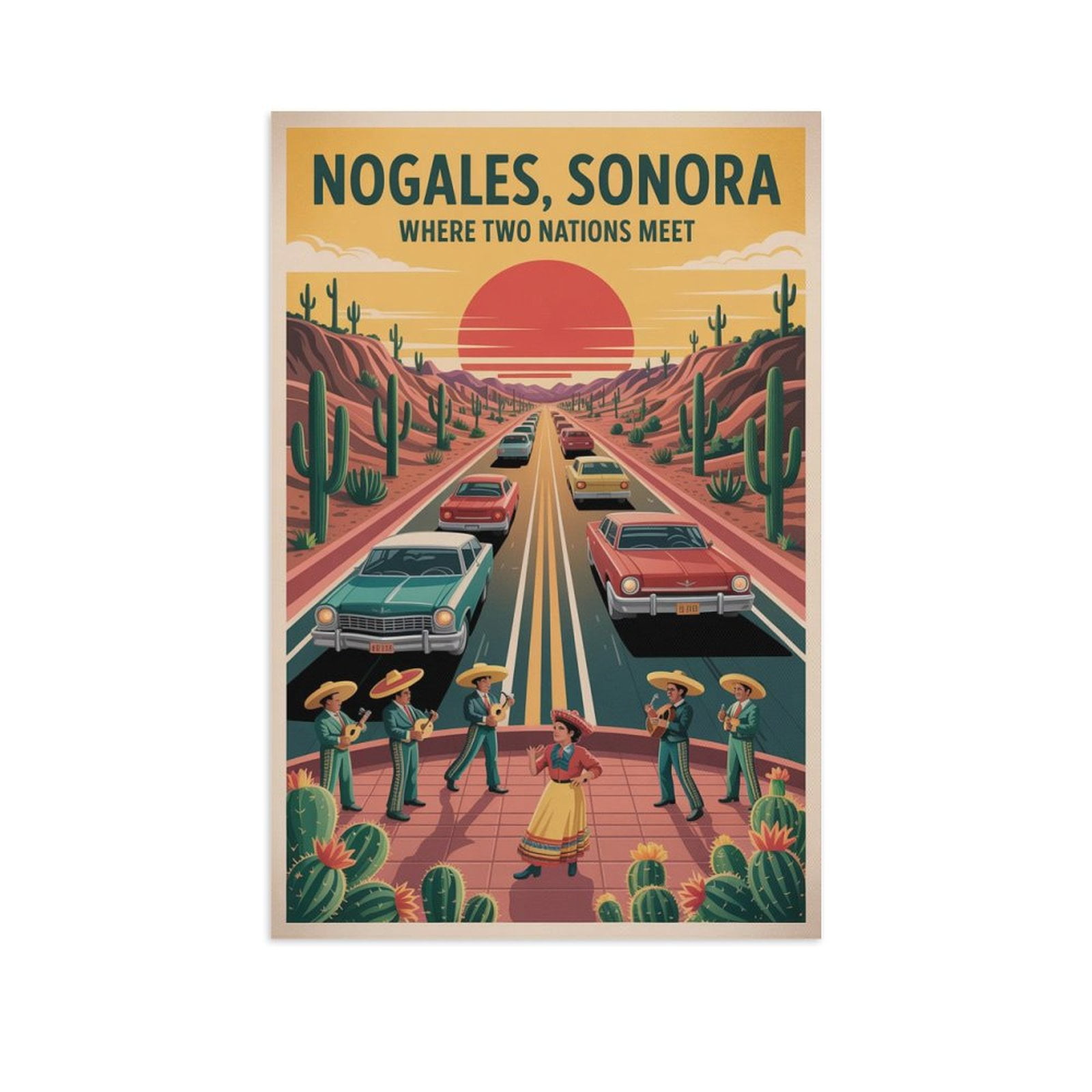 Nogales Retro City Travel Poster with Border Charm, Desert Hills And ...