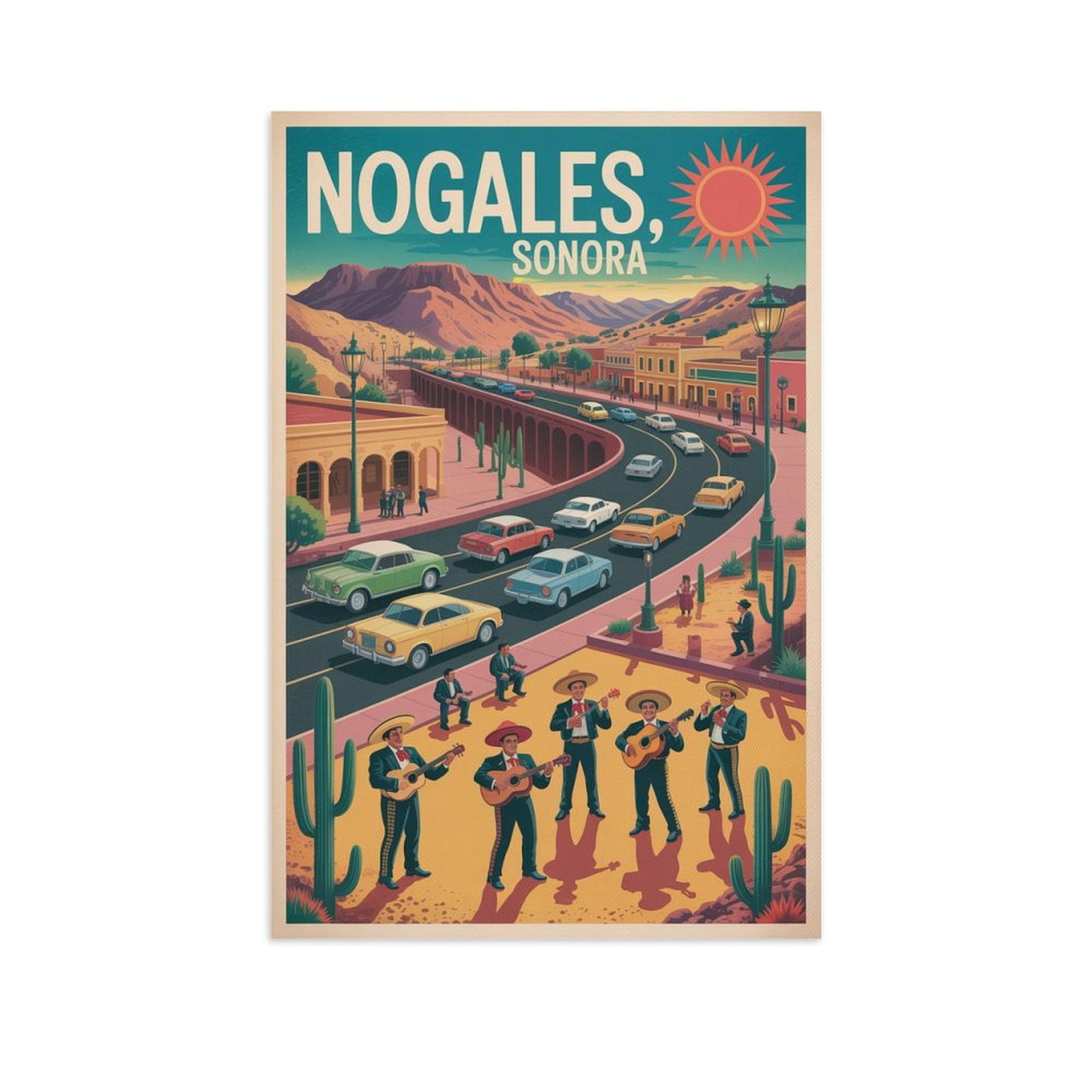 Nogales Vintage City Travel Poster with Mariachi, Red Sunset And Desert ...