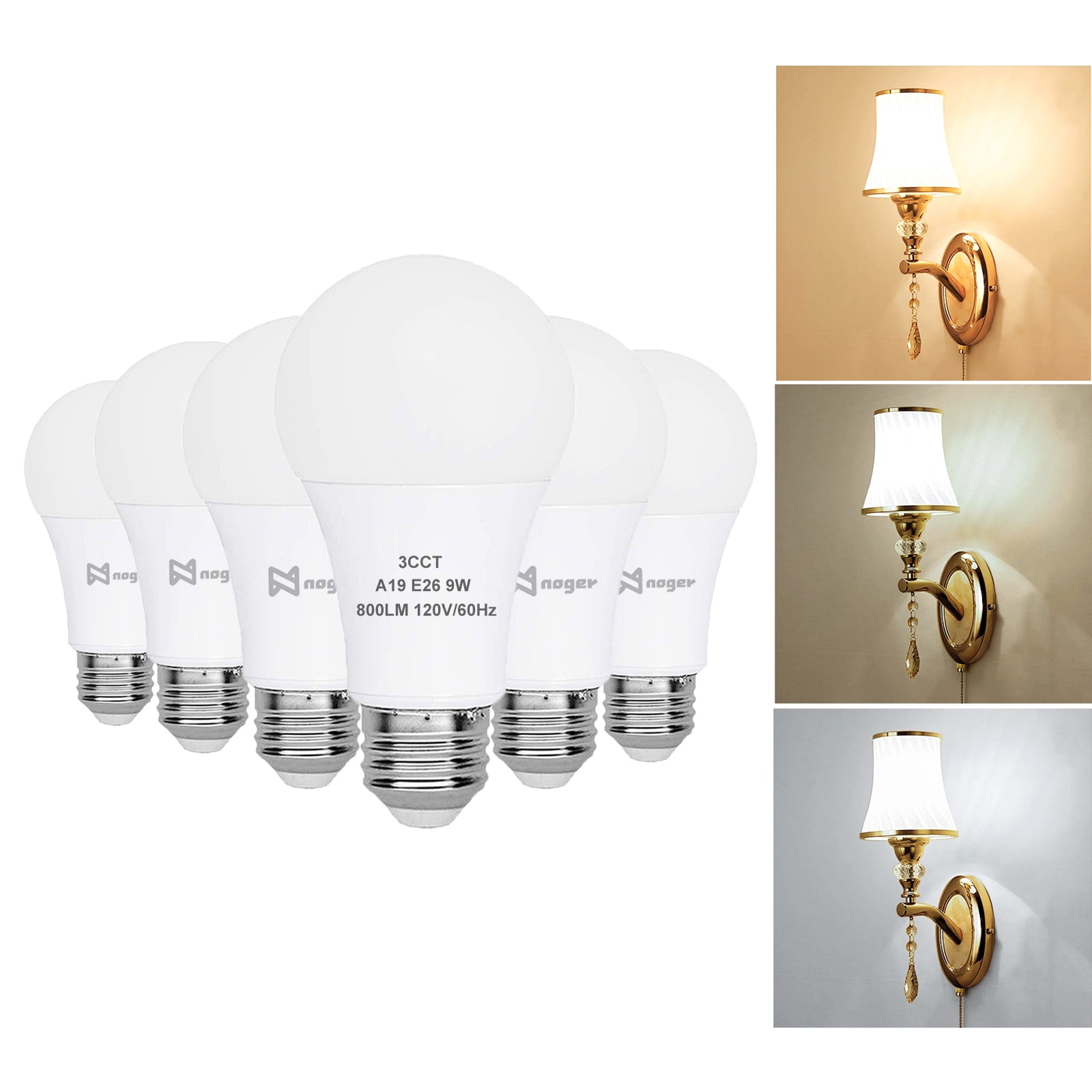 Noger A19 LED Light Bulb, 3 Color Temperature LED Bulb 3000K-5000K ...