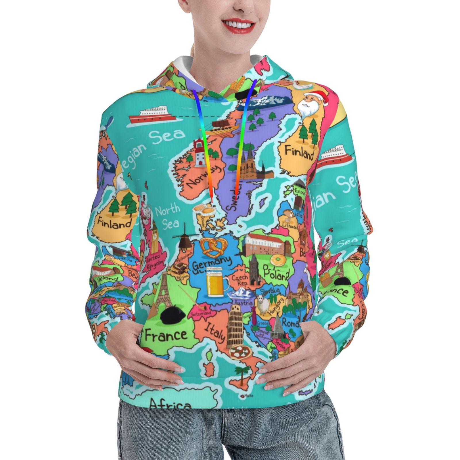 Noikeo Cartoon Map Of Europe Print Youth Pullover Hoodie Sweatshirts ...