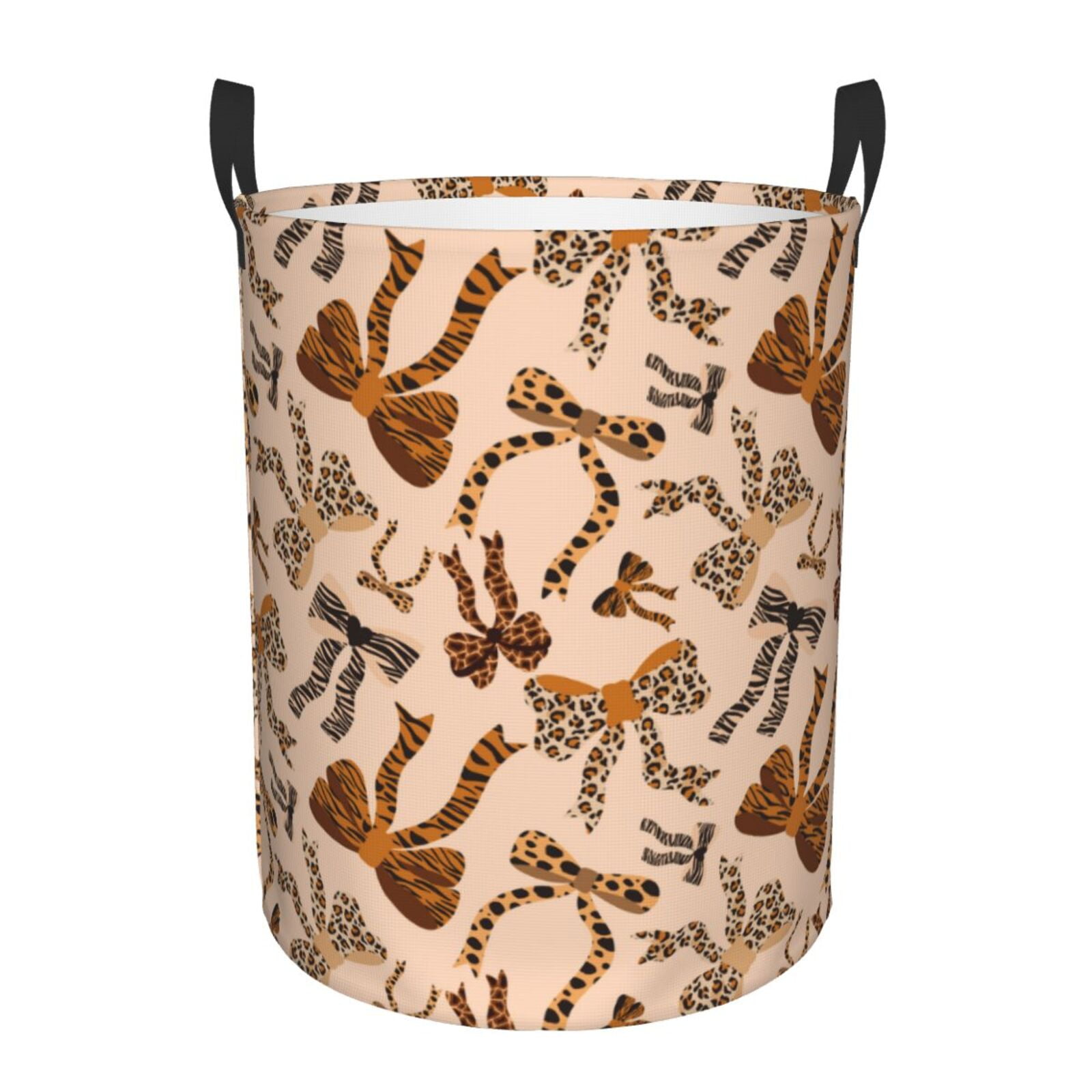 Noikeo Ribbon bows with leopard Print Laundry Baskets Hamper with Handles,Circular Storage Bin ...