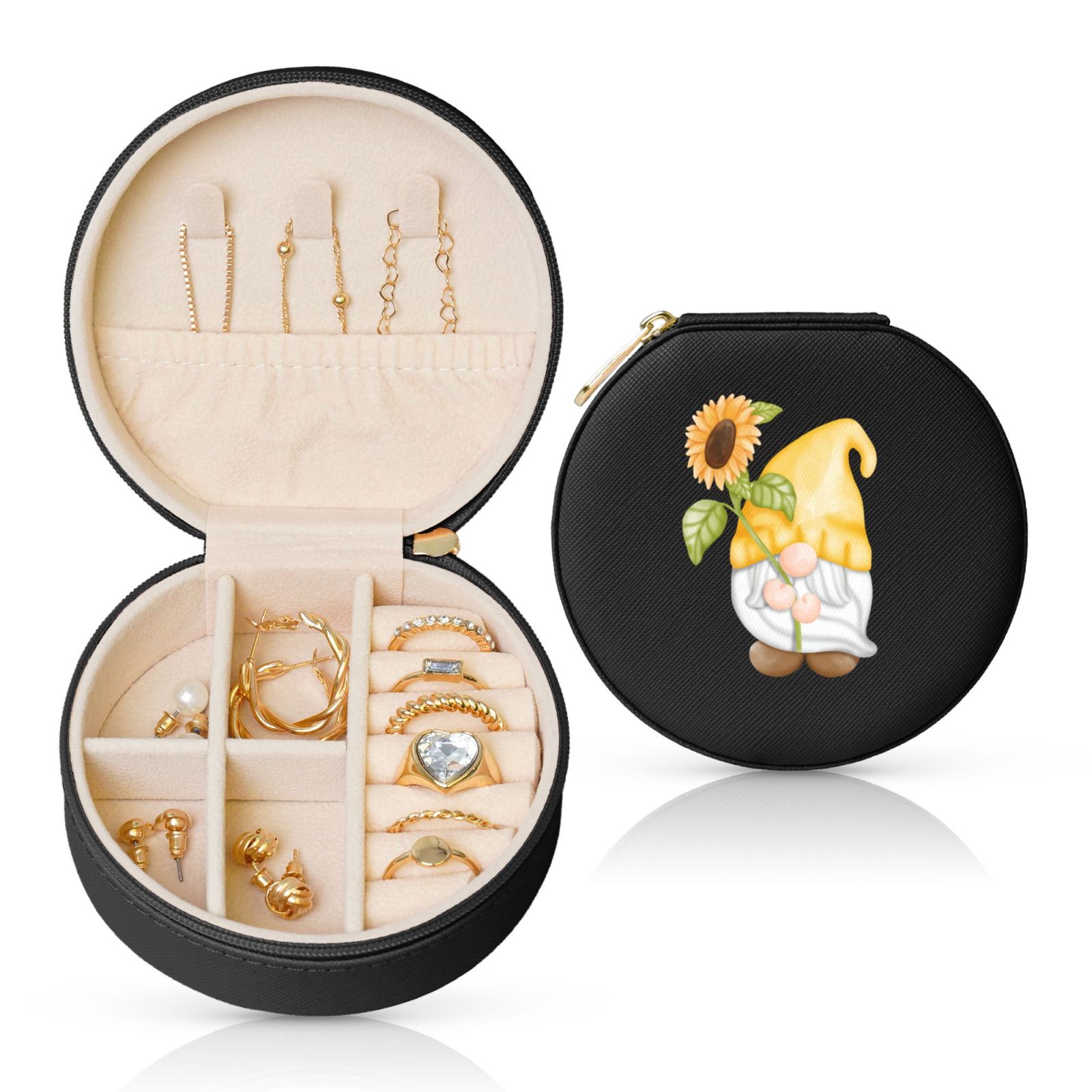 Noikeo Sunflower Gnomes5 For Round Jewelry Box,Travel Jewelry Case ...