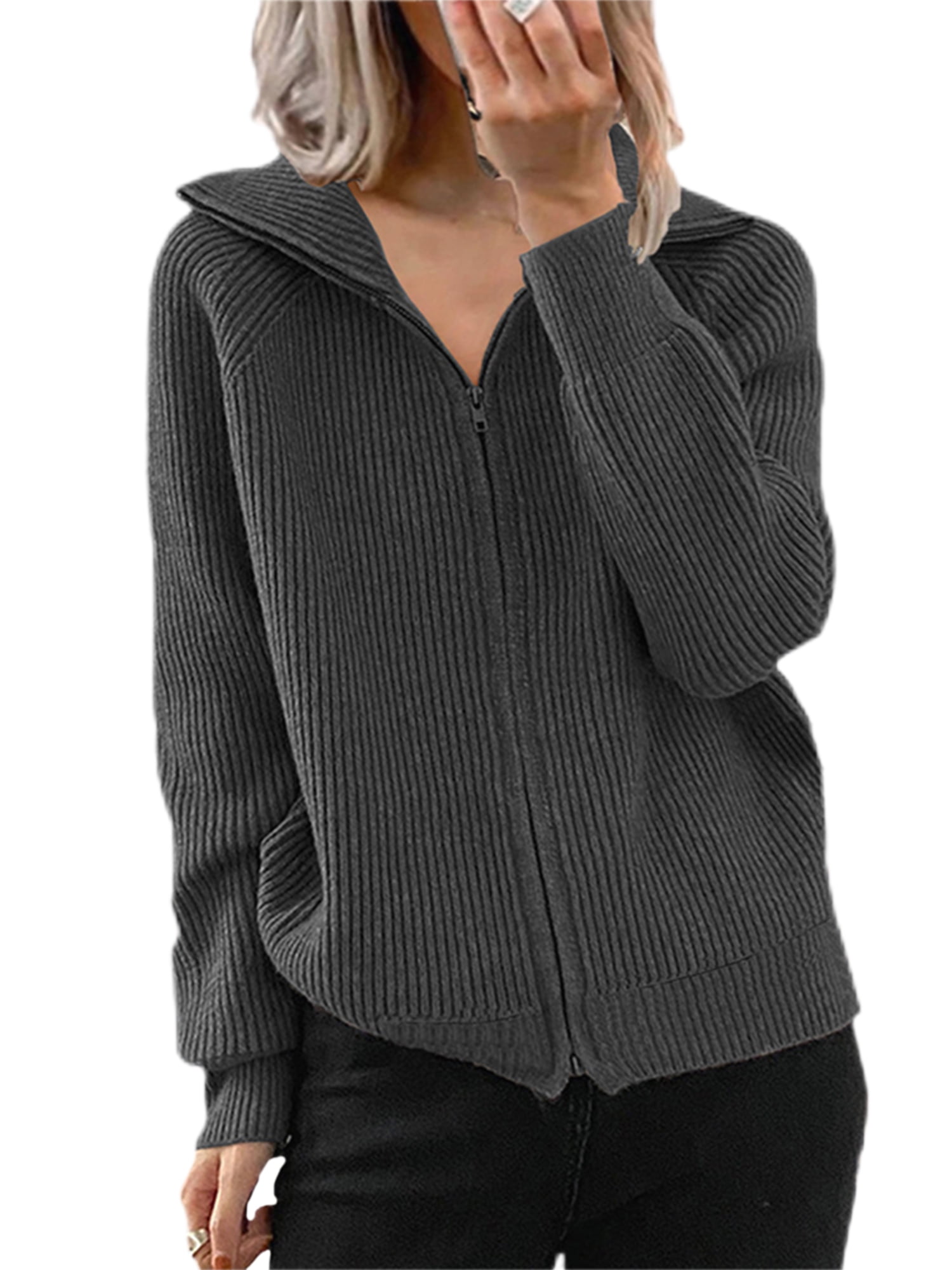 Noilla Womens Cardigan Sweater Lapel Neck Zip Up Cozy Jacket Full Zip ...