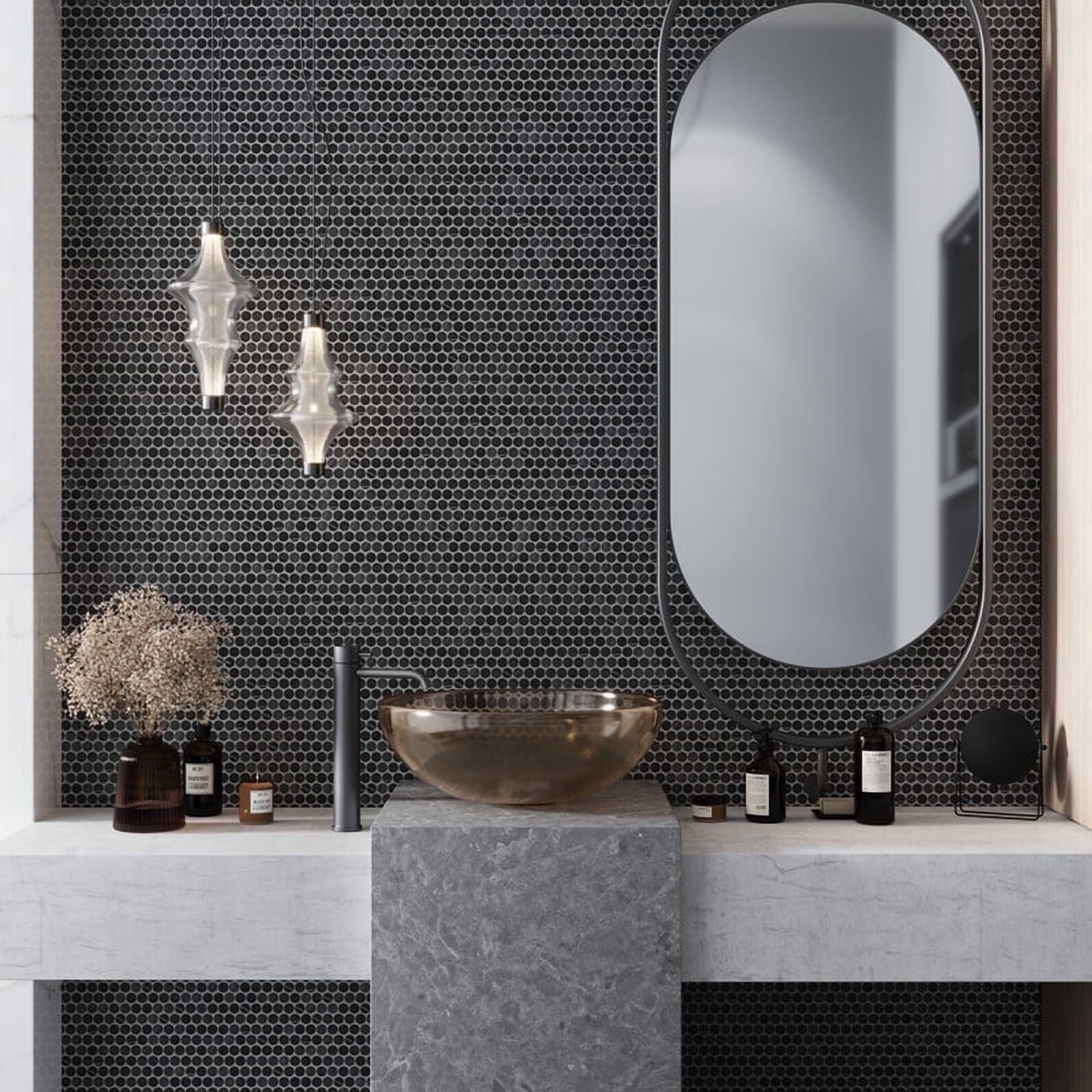 Noir Luxe 11 x 12 in. Tumbled Jet Black Marble Mosaic Penny Round Wall ...